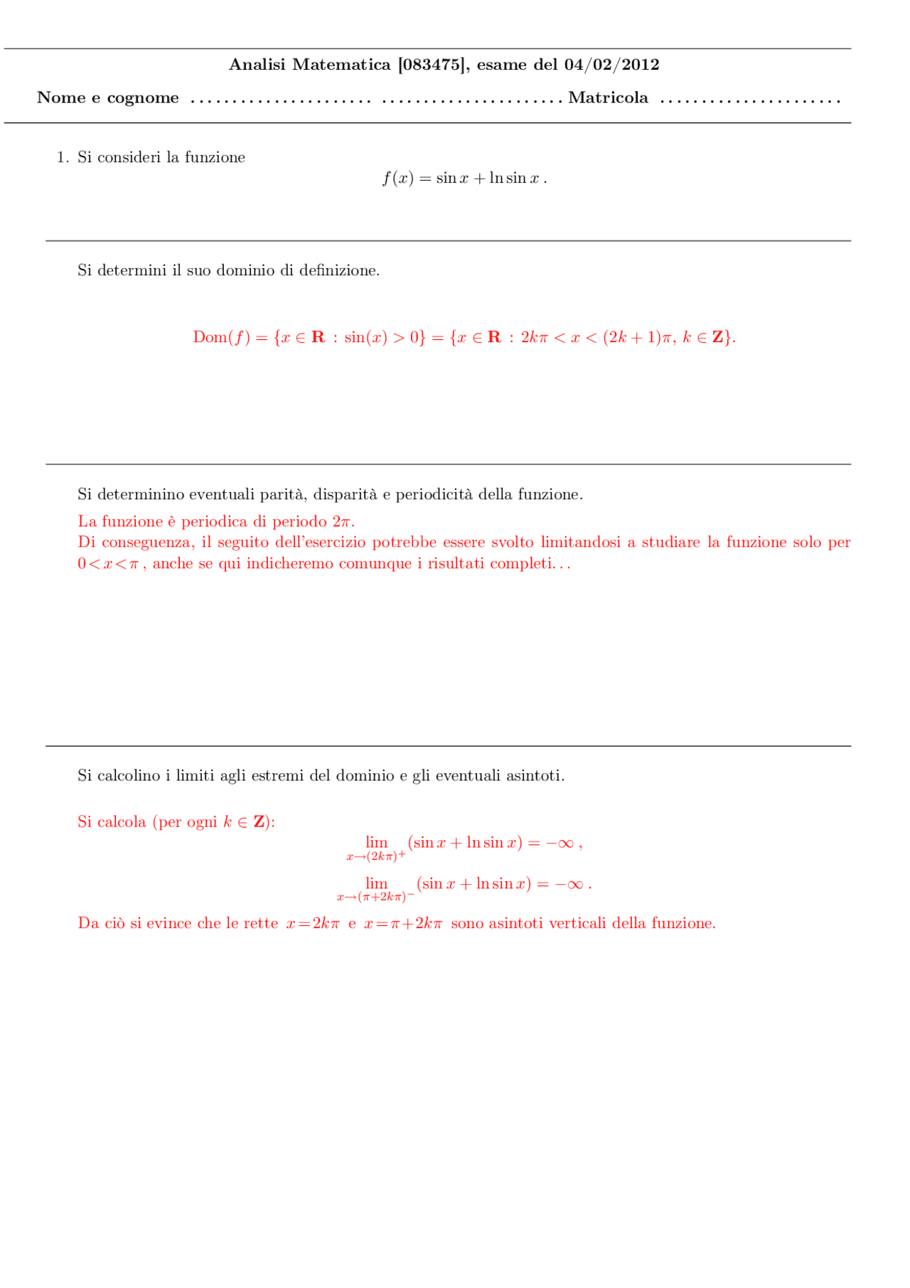 Prova Desame Analisi 1 Ingegneria Edile 04 Febbraio 2012 Prove D