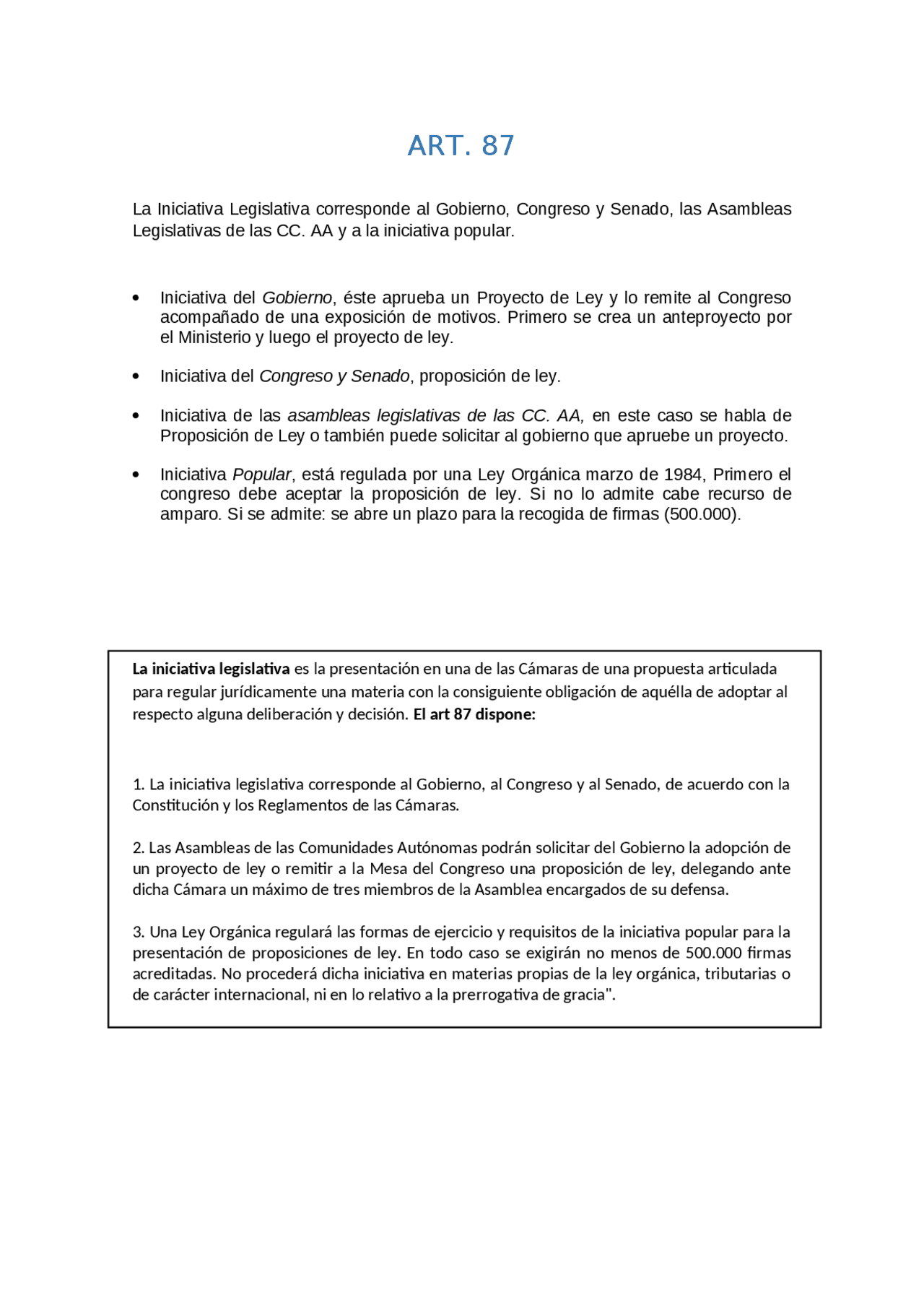 Resumen articulo 87 de la clase derecho y organizacion del estado - Docsity