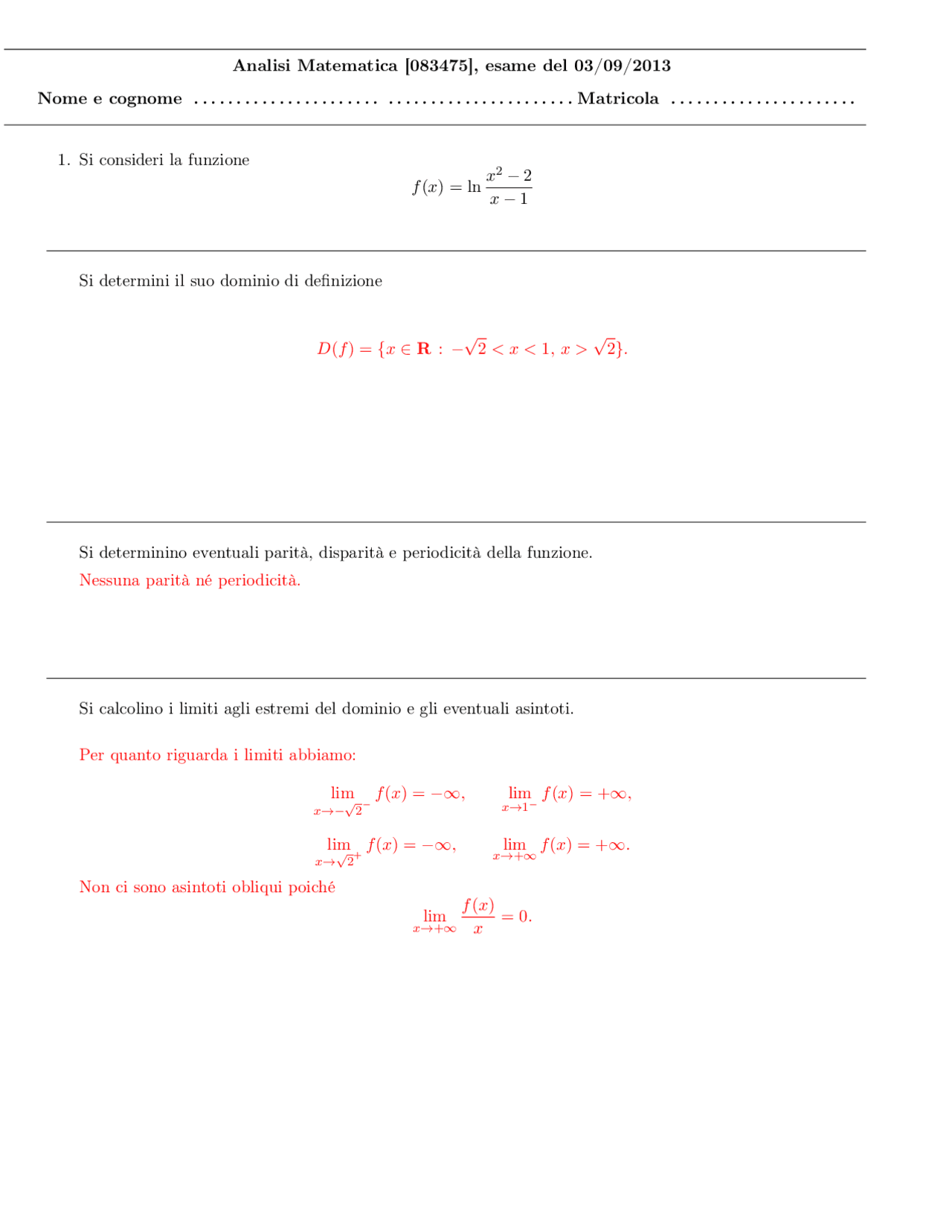 Prova Desame Analisi 1 Ingegneria Edile 03 Settembre 2013 Docsity