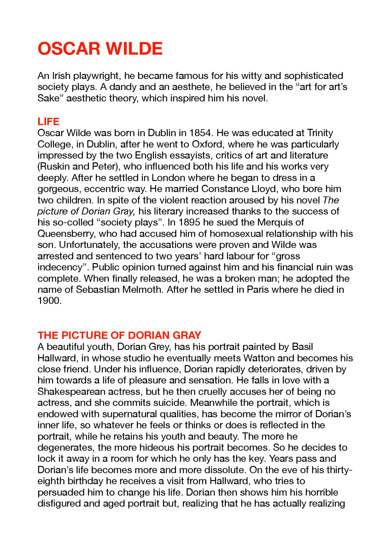 Oscar Wilde And The Picture Of Dorian Gray Docsity