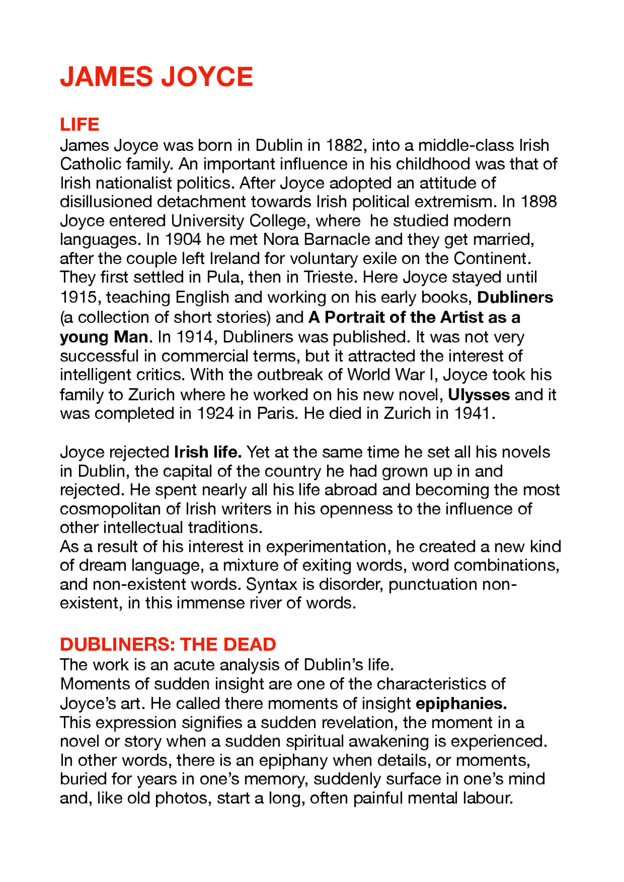 James Joyce and Dubliners: the dead - Docsity