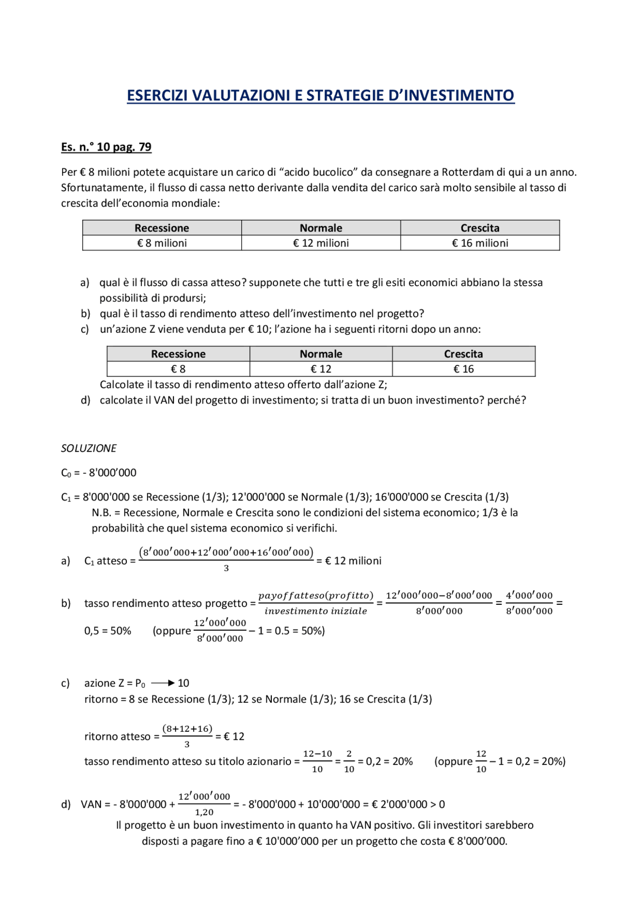 Valutazioni e Strategie d'Investimento - soluzioni esercizi - Docsity