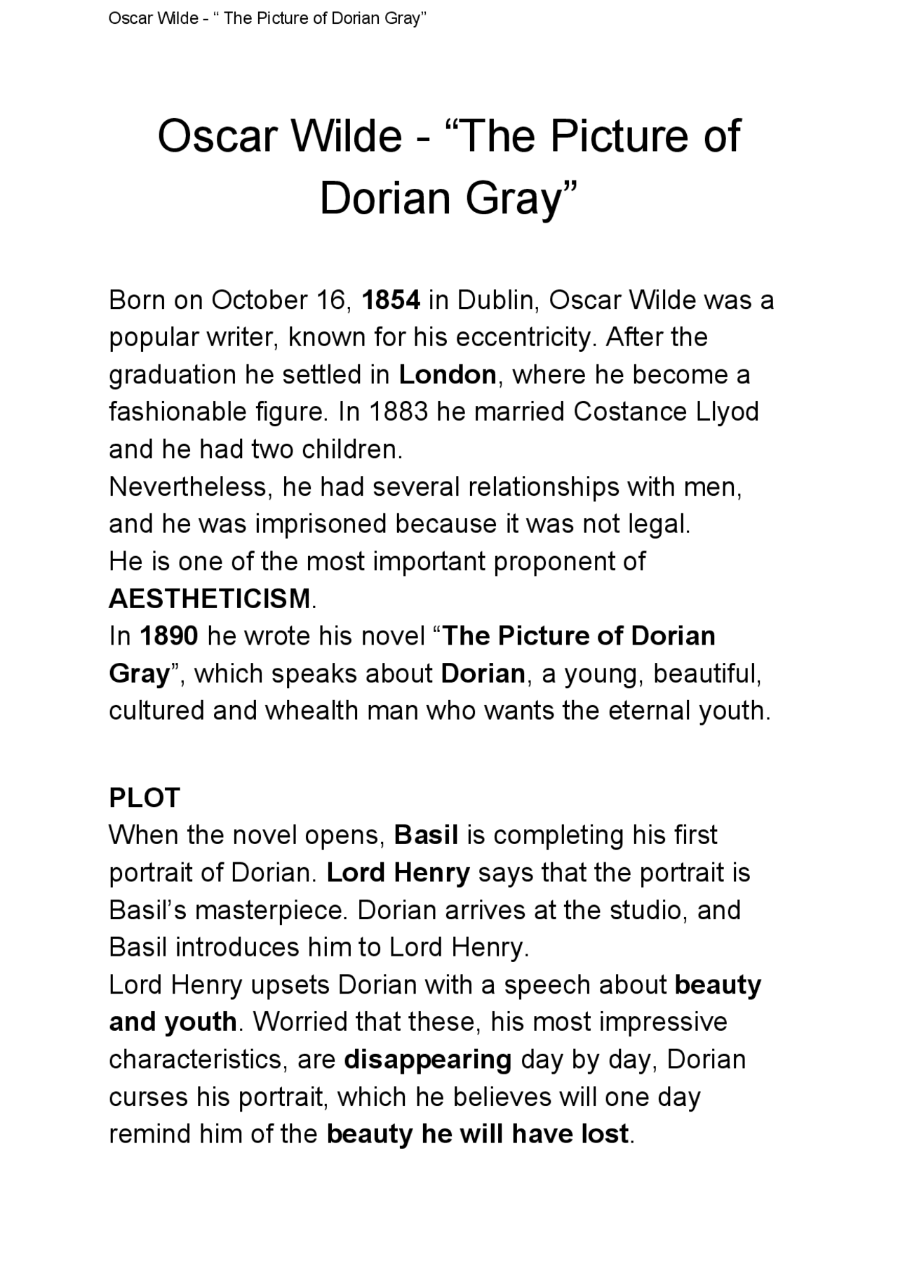 Oscar Wilde - The Picture of Dorian Gray riassunto - Docsity