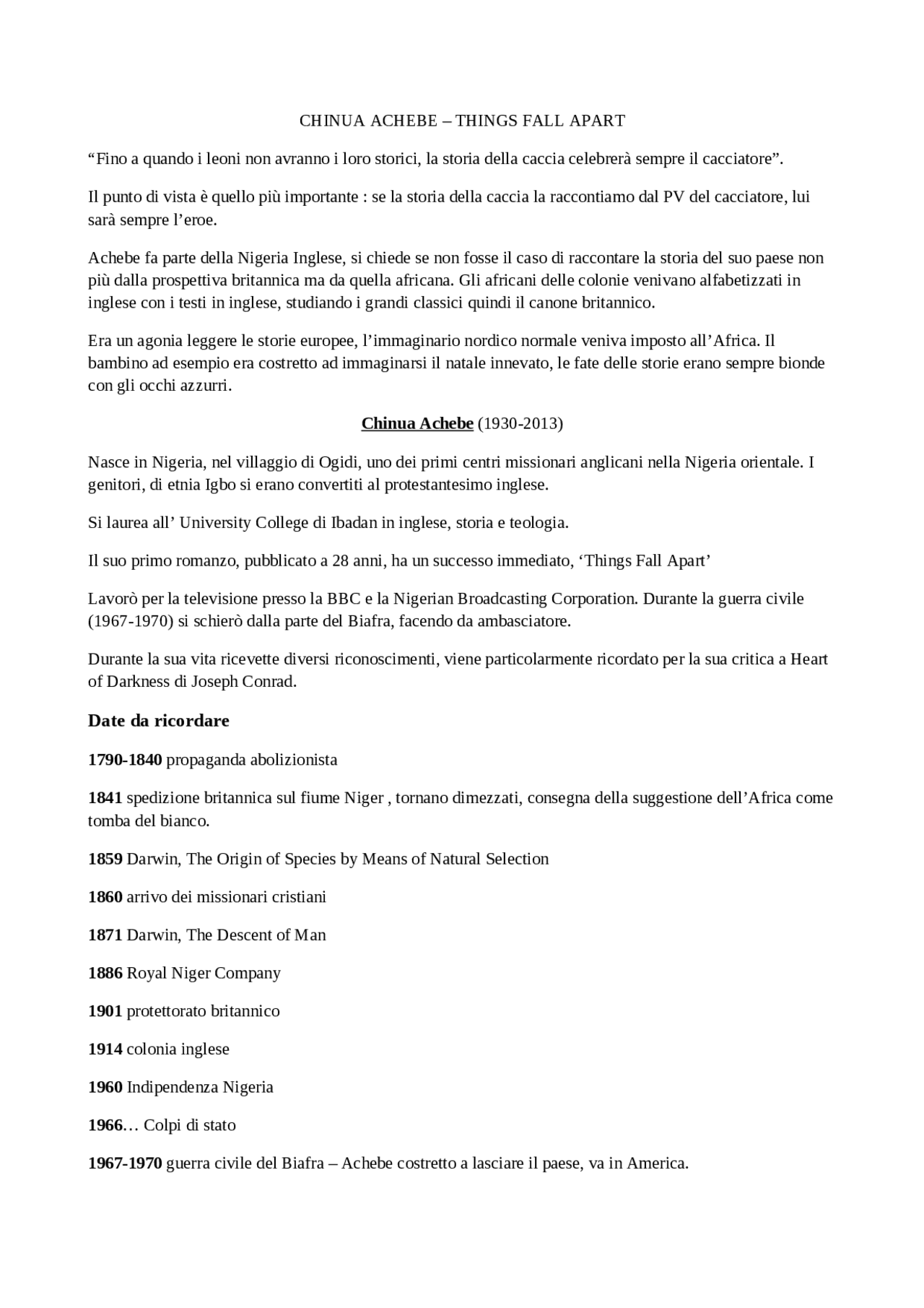 Chinua Achebe - Things Fall Apart - Docsity