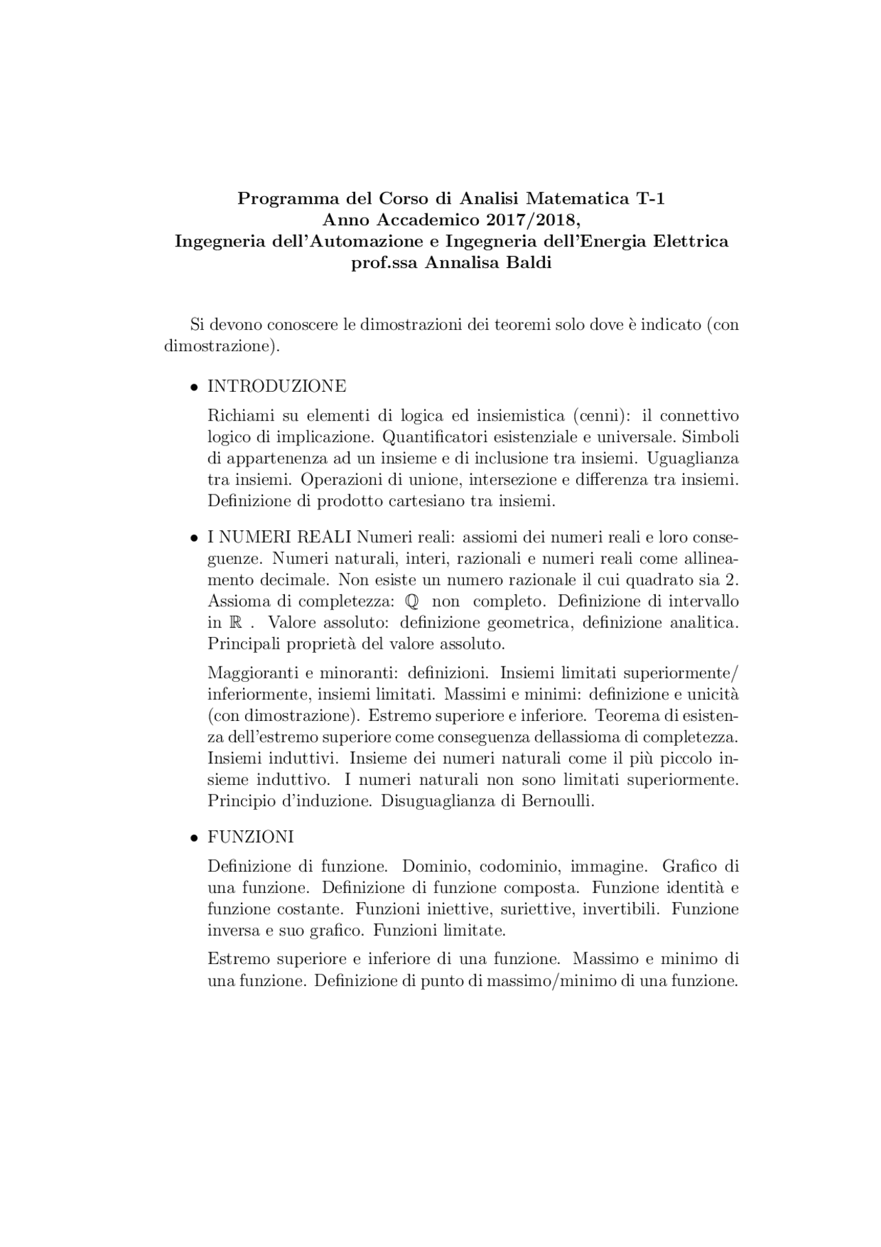 Programma Analisi 1 | Schemi e mappe concettuali di Analisi Matematica I | Docsity