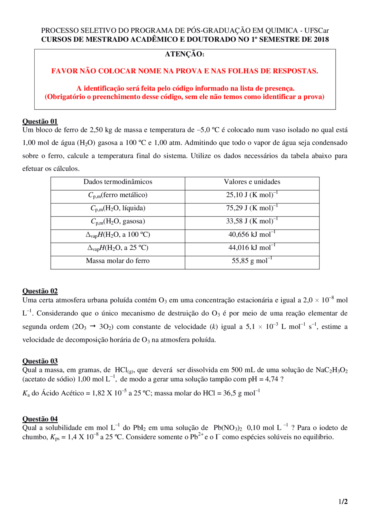 Prova Ufscar Doutorado 2018 Exercícios Química Docsity