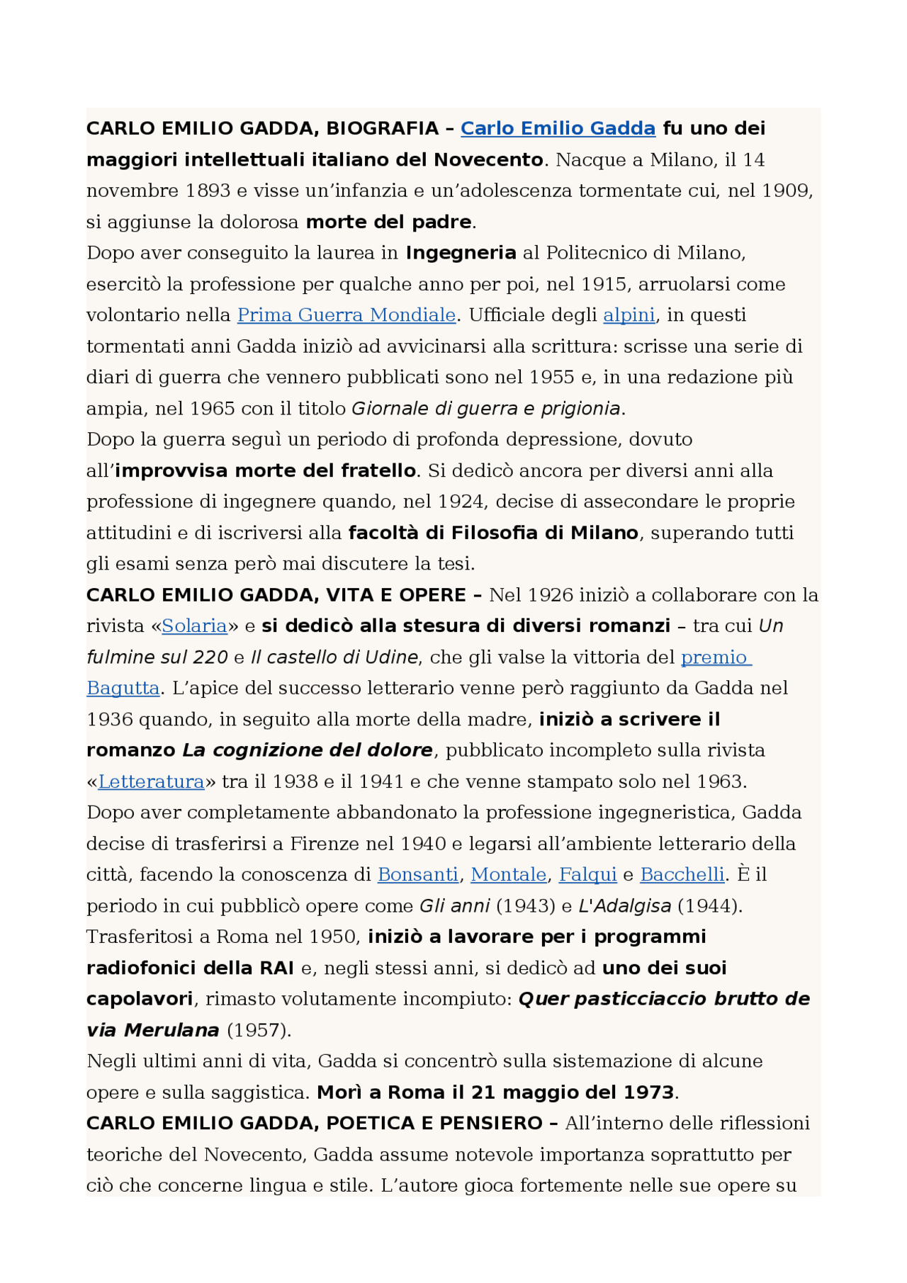 Riassunto Su Carlo Gadda Docsity