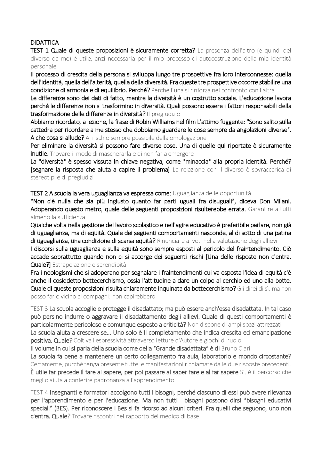 Test Autovalutazione Esame Di Didattica Dellinclusione Pegaso Docsity