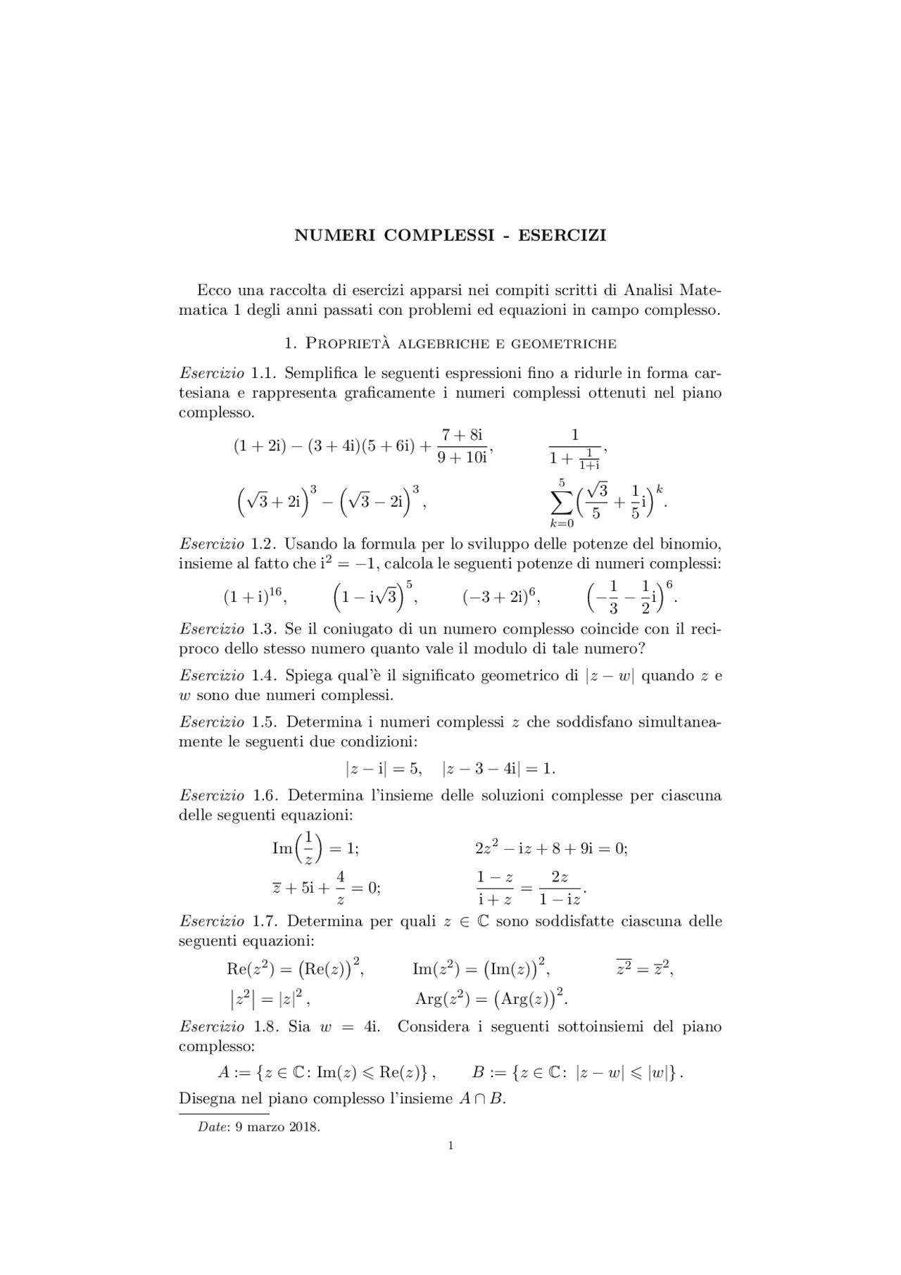 Esercizi Numeri Complessi Docsity