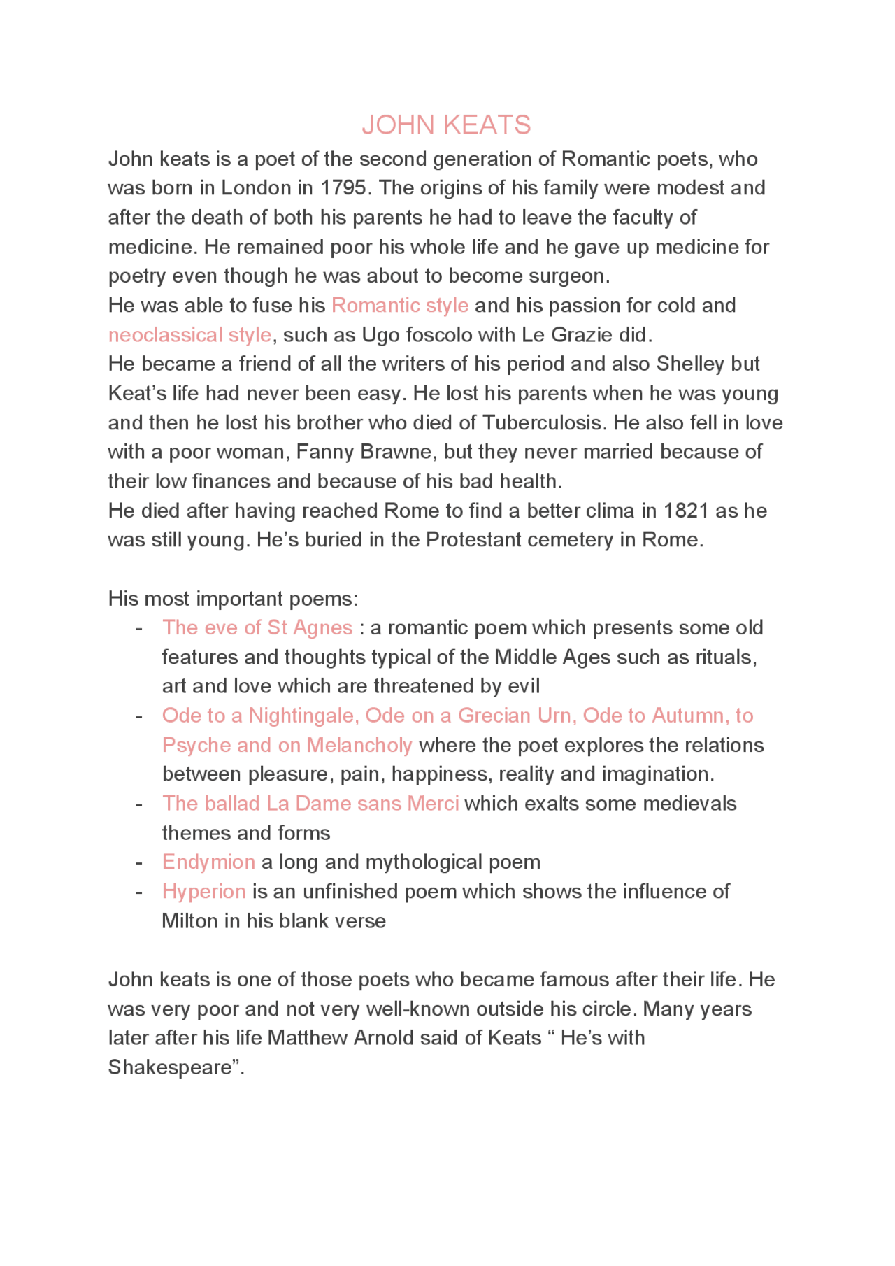 John Keats Life Works And His Philosophy And Style Docsity