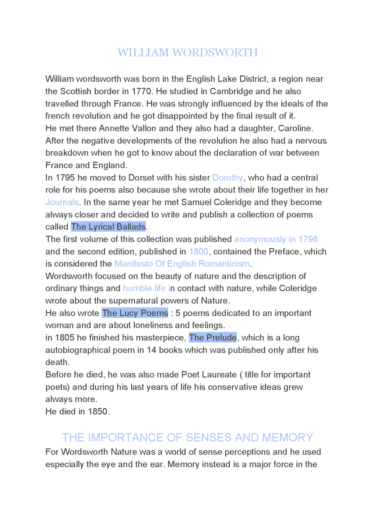 William Wordsworth : life, works and the role of the poet - Docsity