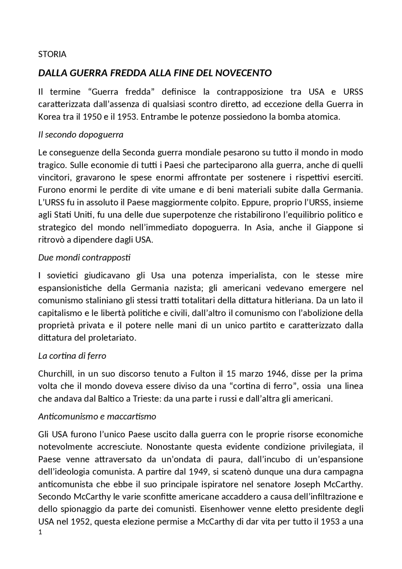 Storia La Guerra Fredda Docsity