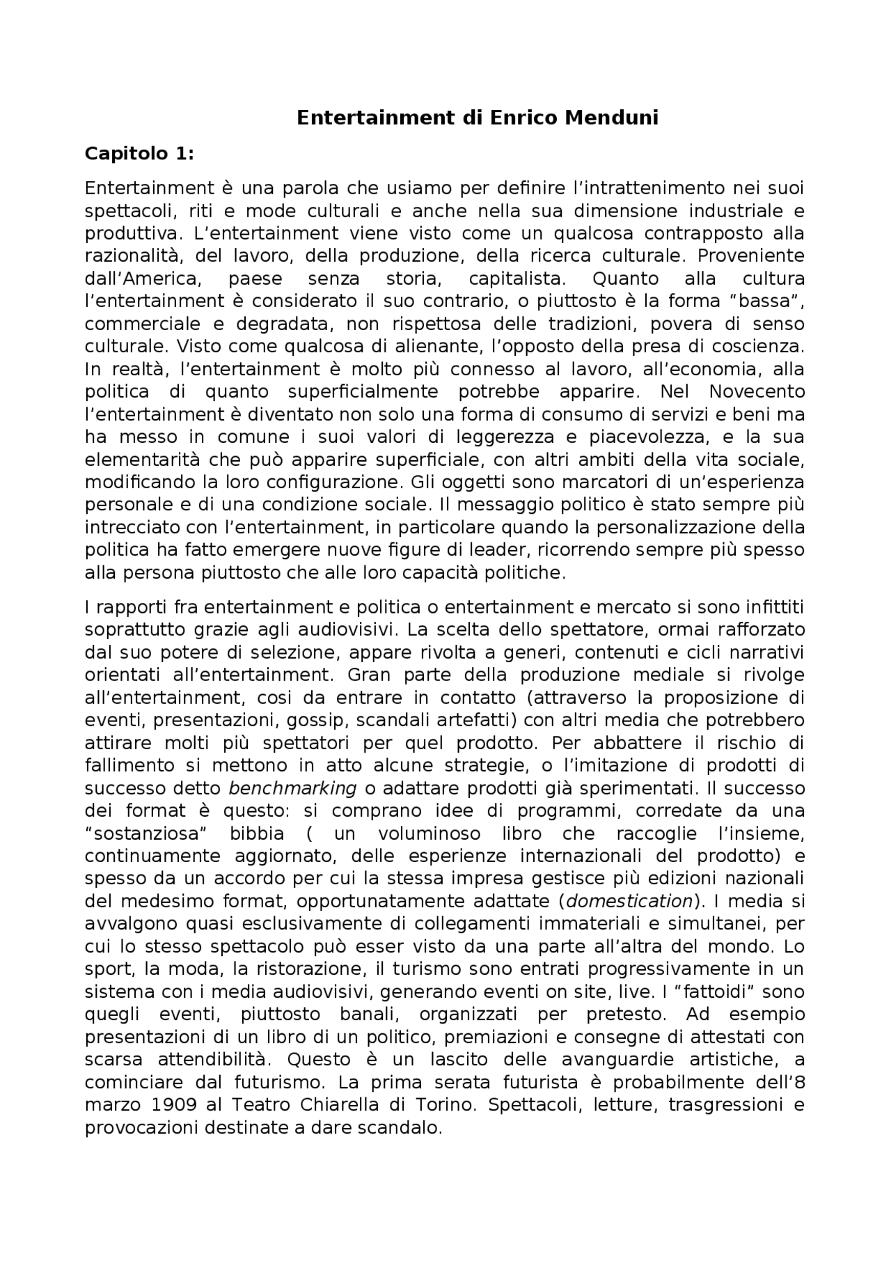 Entertainment Di Enrico Menduni Docsity