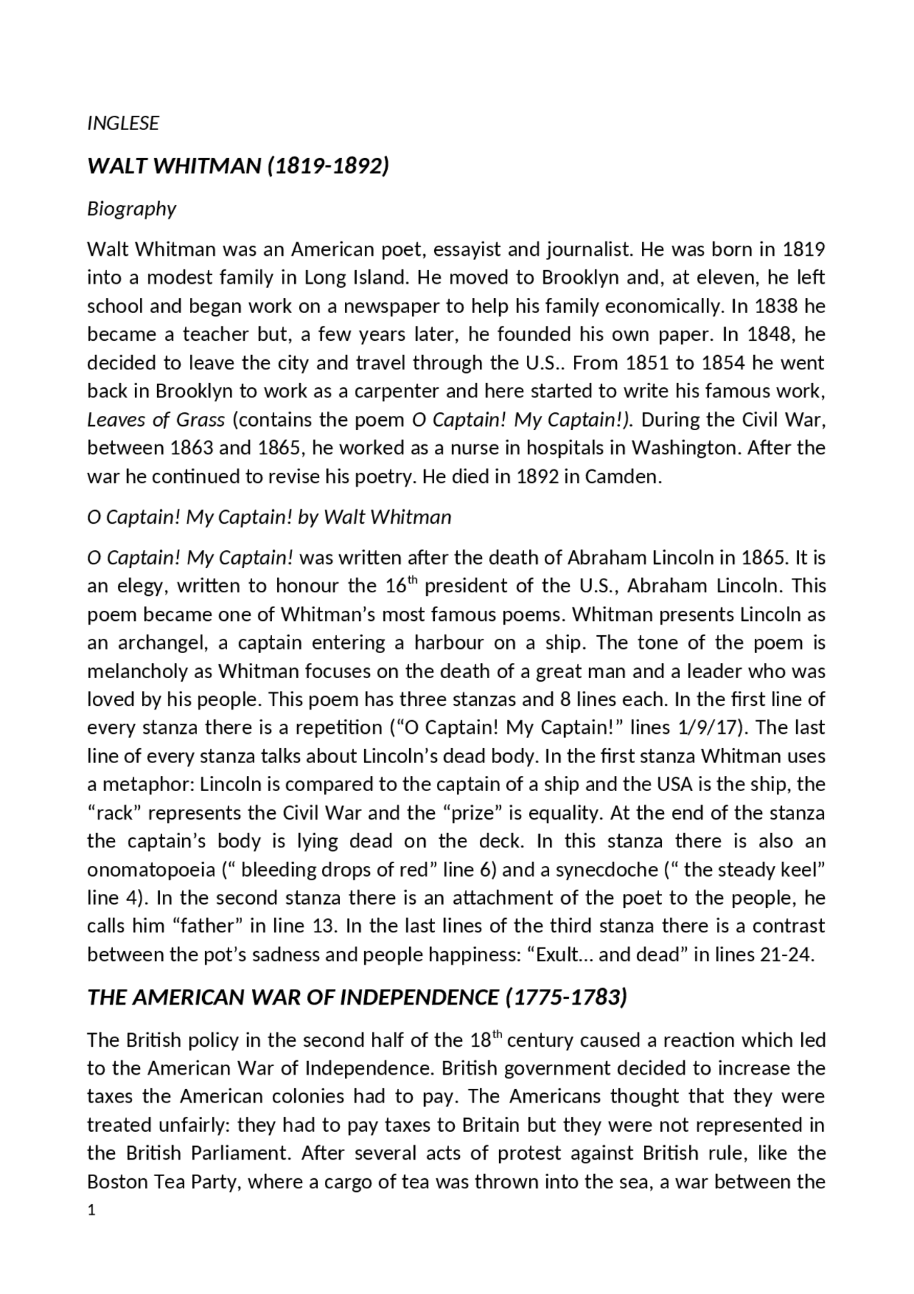 Walt Whitman, the american war of independence, the american civil war ...