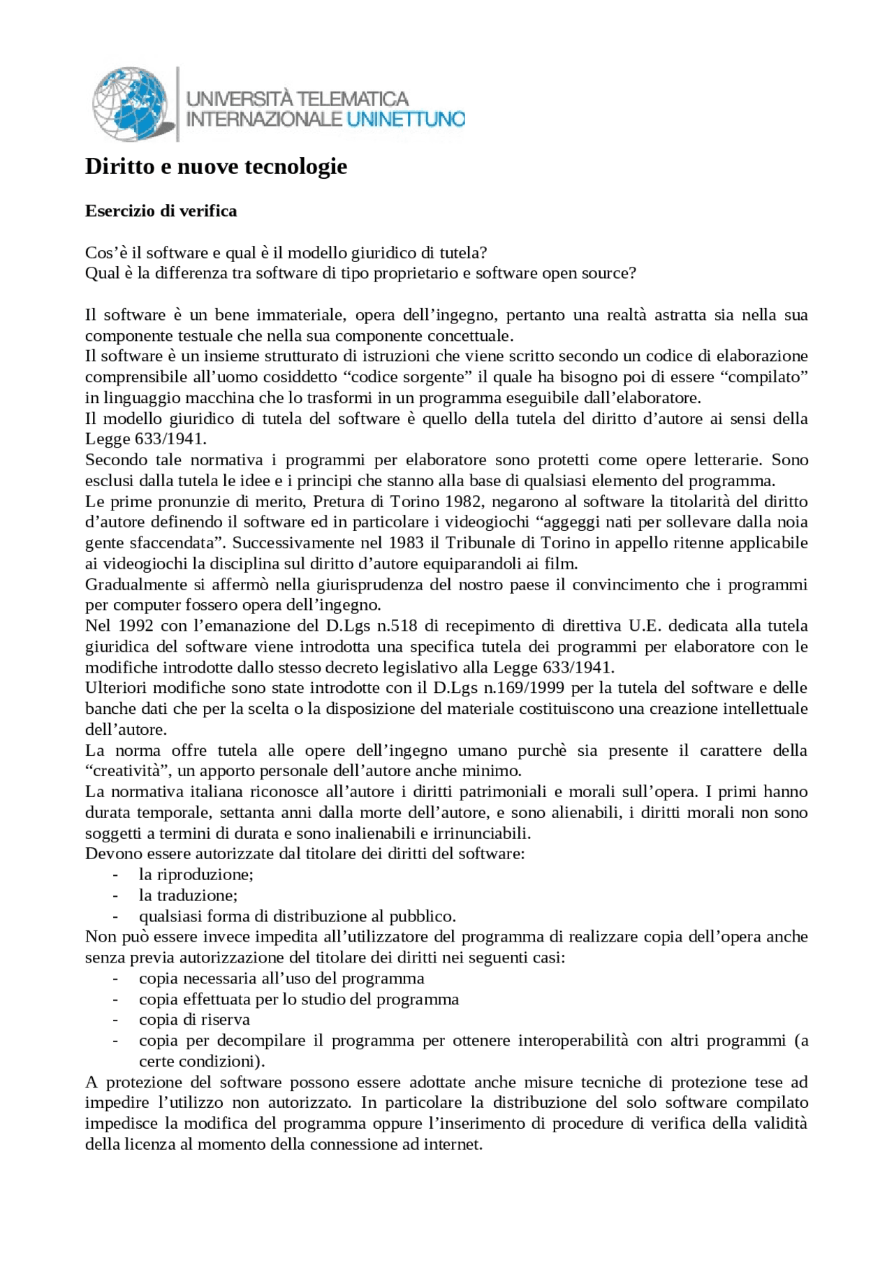 Diritto E Nuove Tecnologie Esercizi Di Informatica Giuridica Docsity