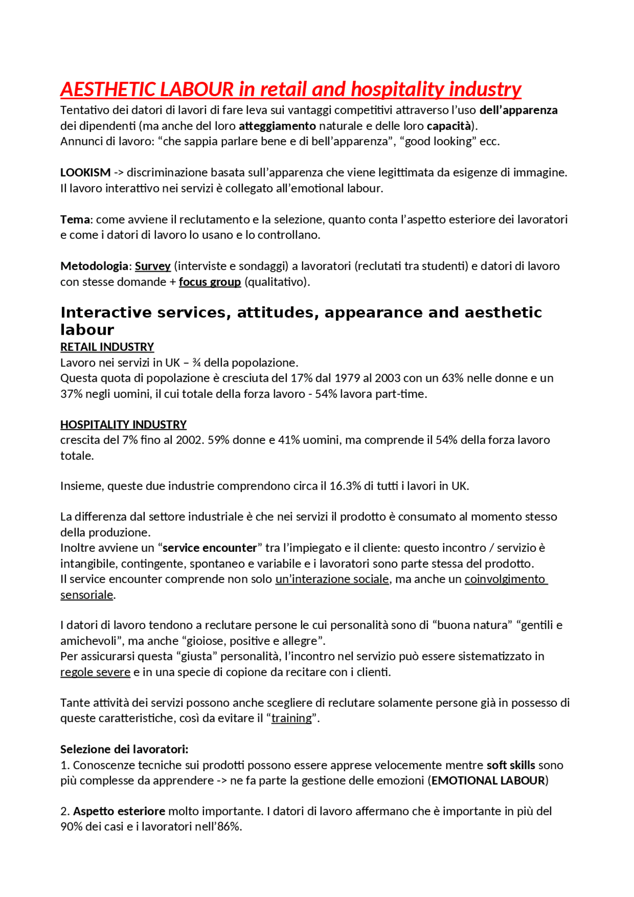 Aesthetic labour, riassunto dell'articolo inglese per l'esame - Docsity