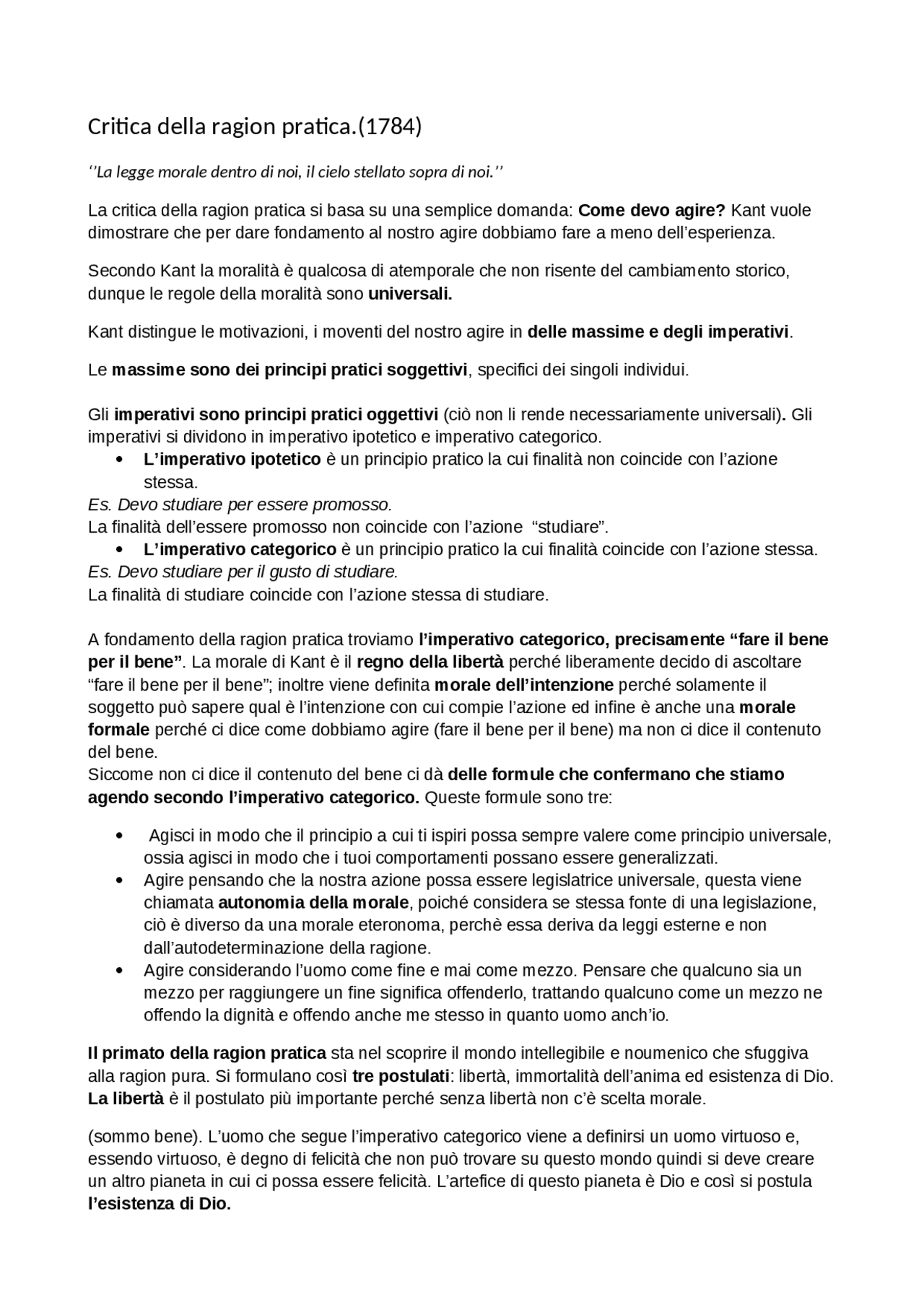 Kant Critica Della Ragion Pratica Appunti Di Filosofia Docsity