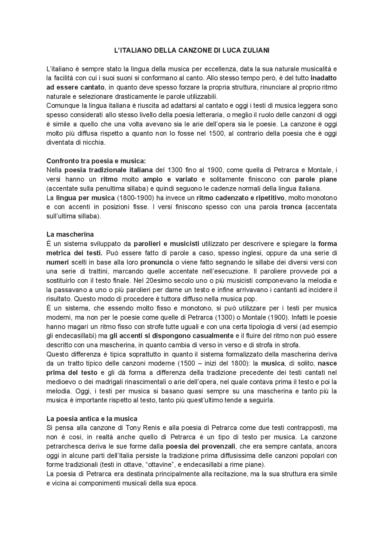 Litaliano Della Canzone Luca Zuliani Docsity