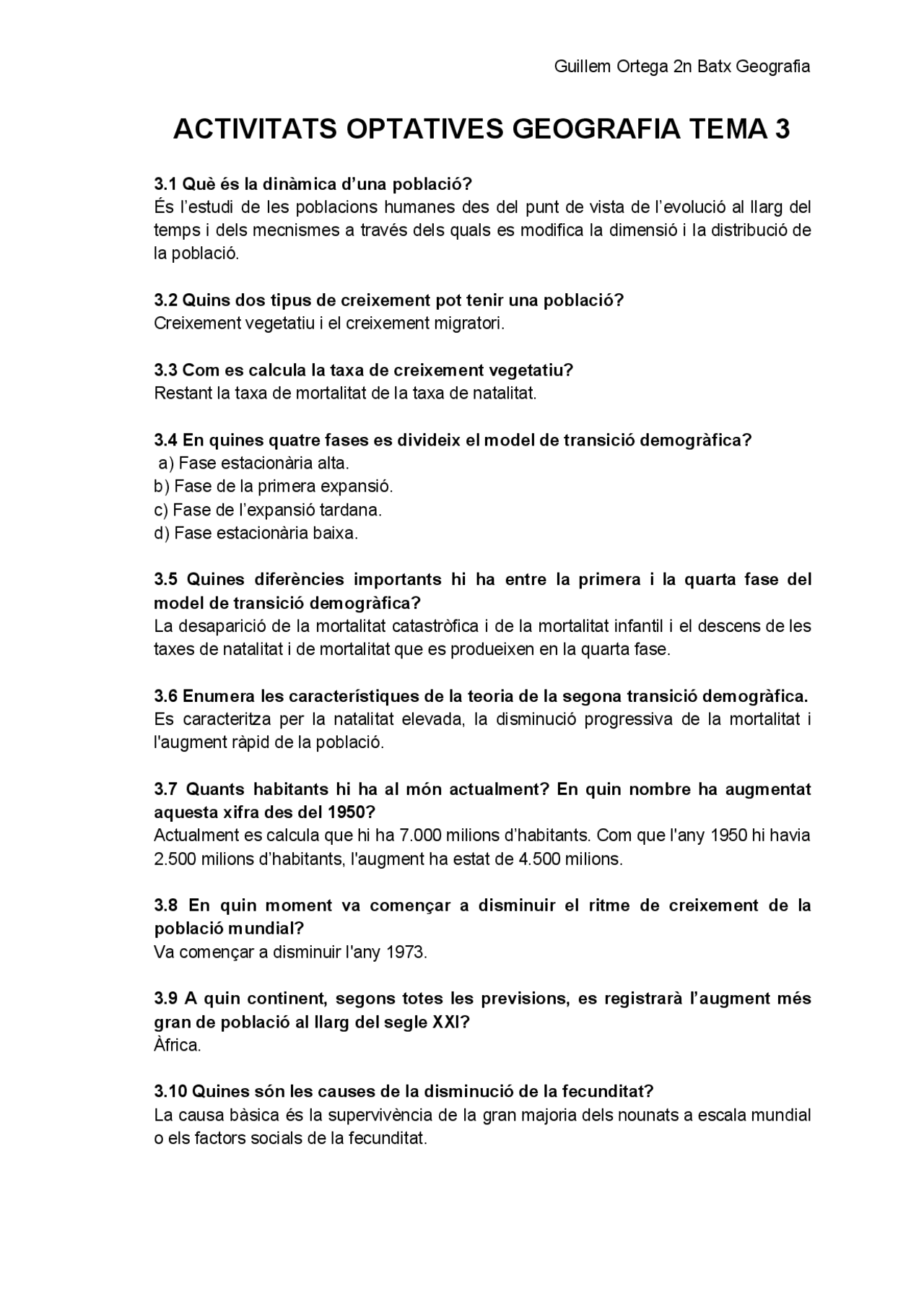 Activitats Geografia Tema 3 2n Batx | Ejercicios de Geografía | Docsity