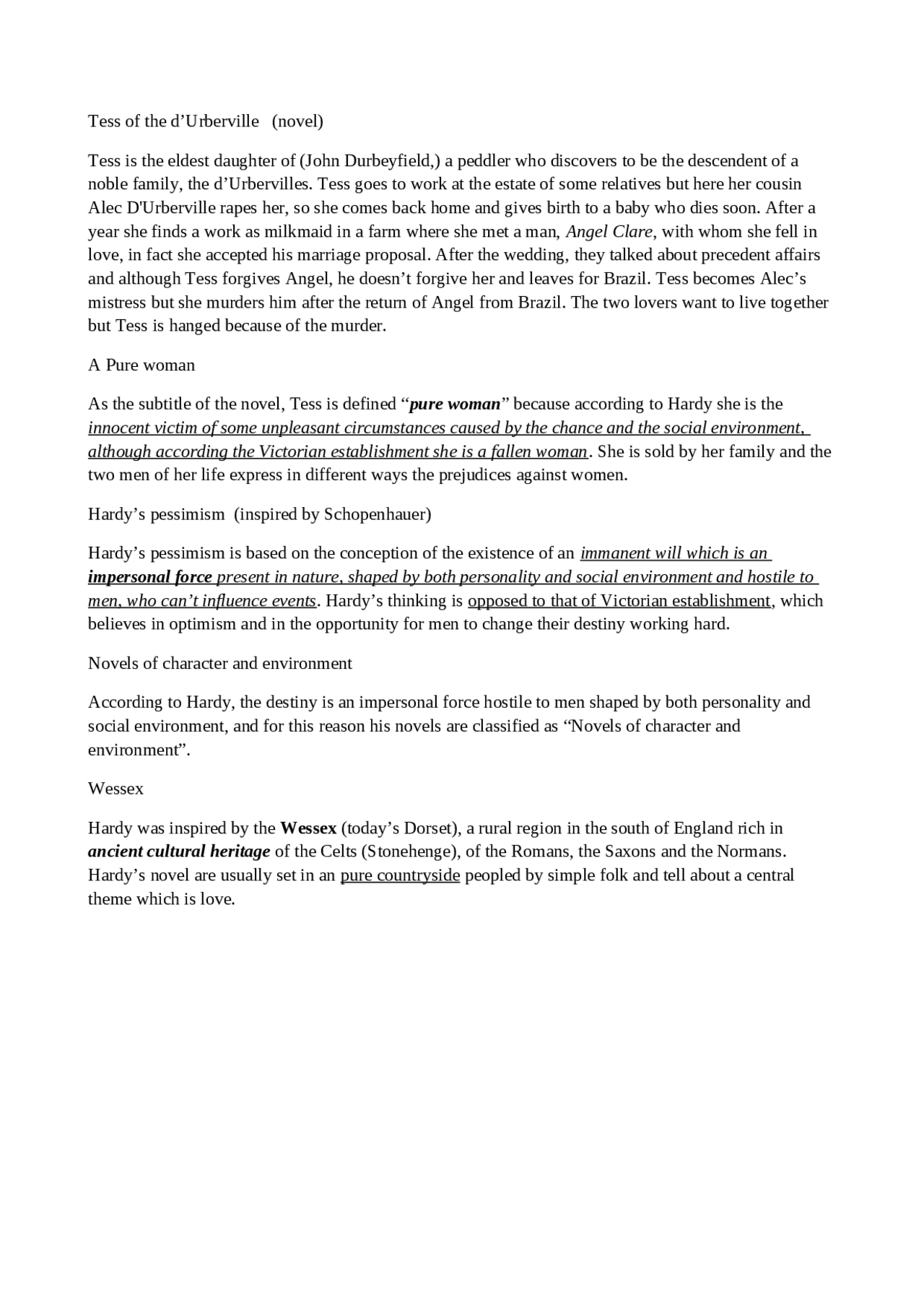 Summary about Tess of the D'Urbervilles - Docsity