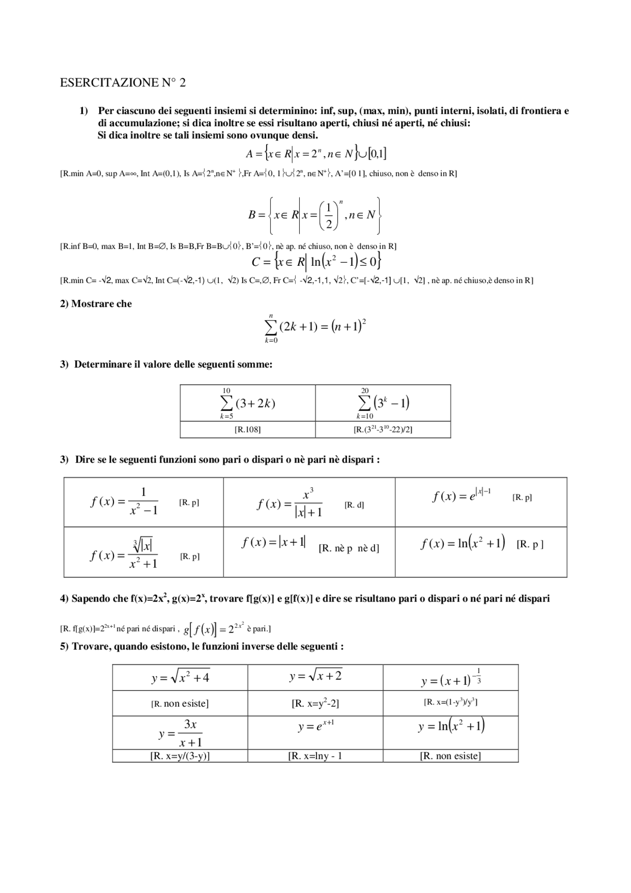 Matematica Generale Esercizi Docsity