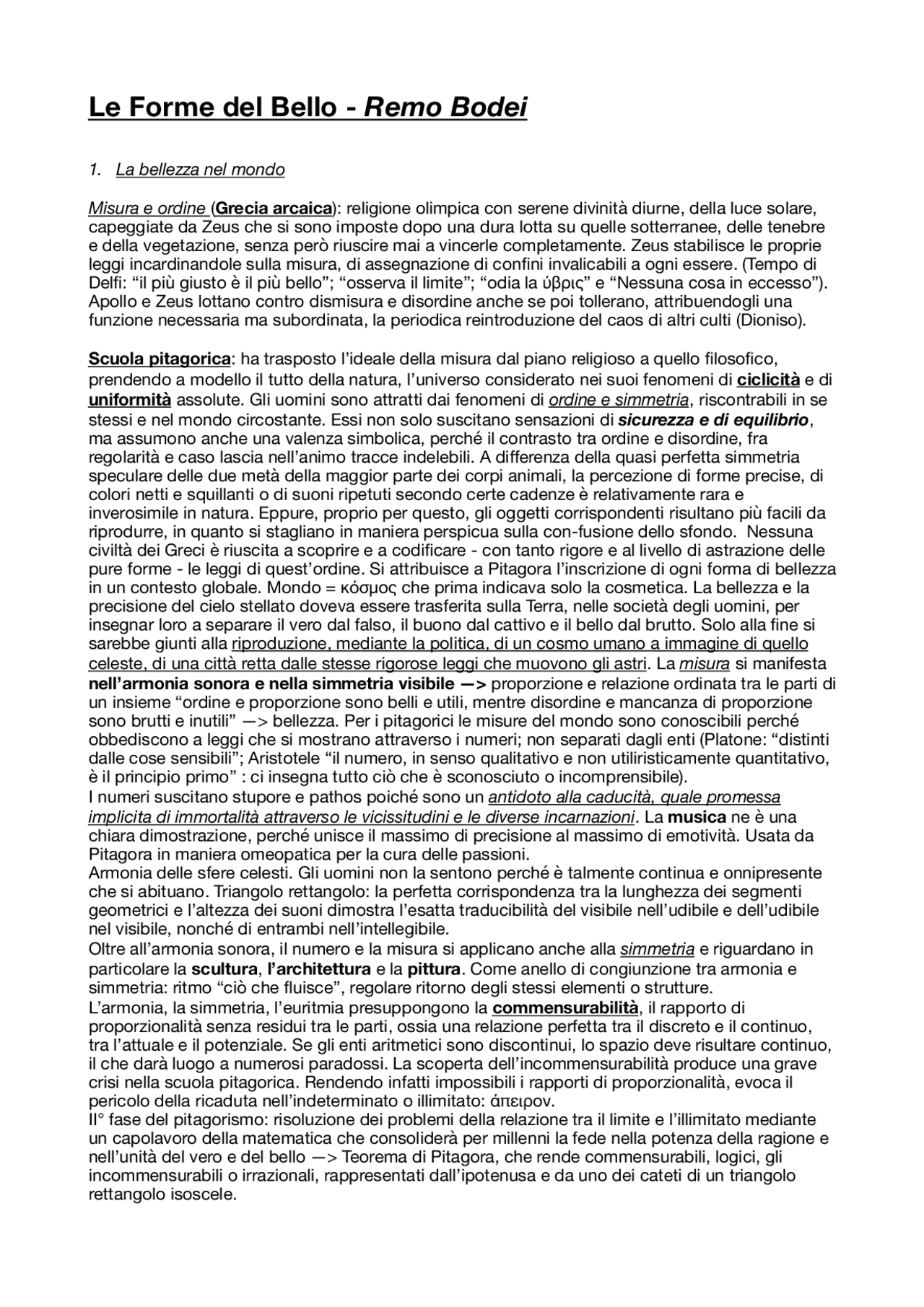 Remo Bodei Le Forme Del Bello Docsity
