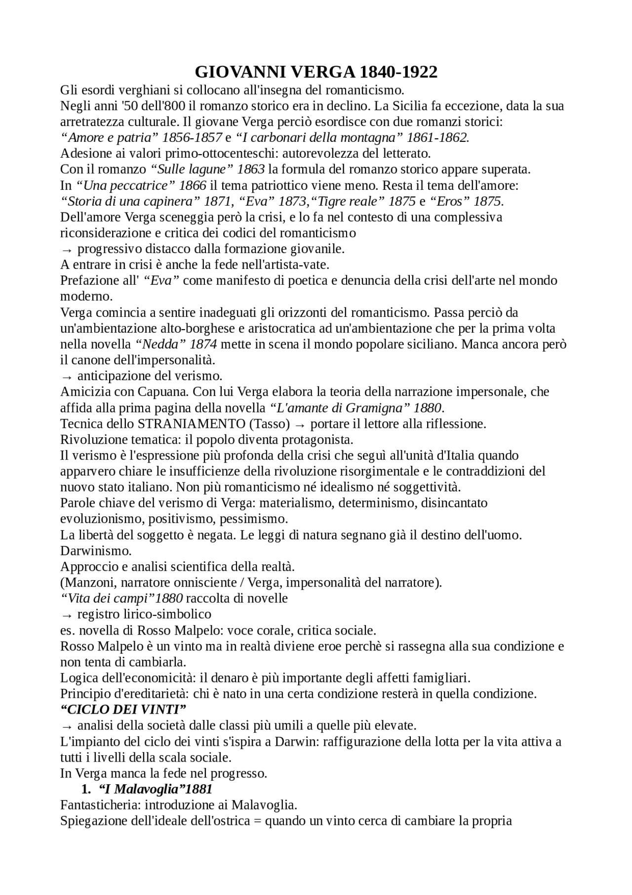 Schema Su Giovanni Verga Docsity