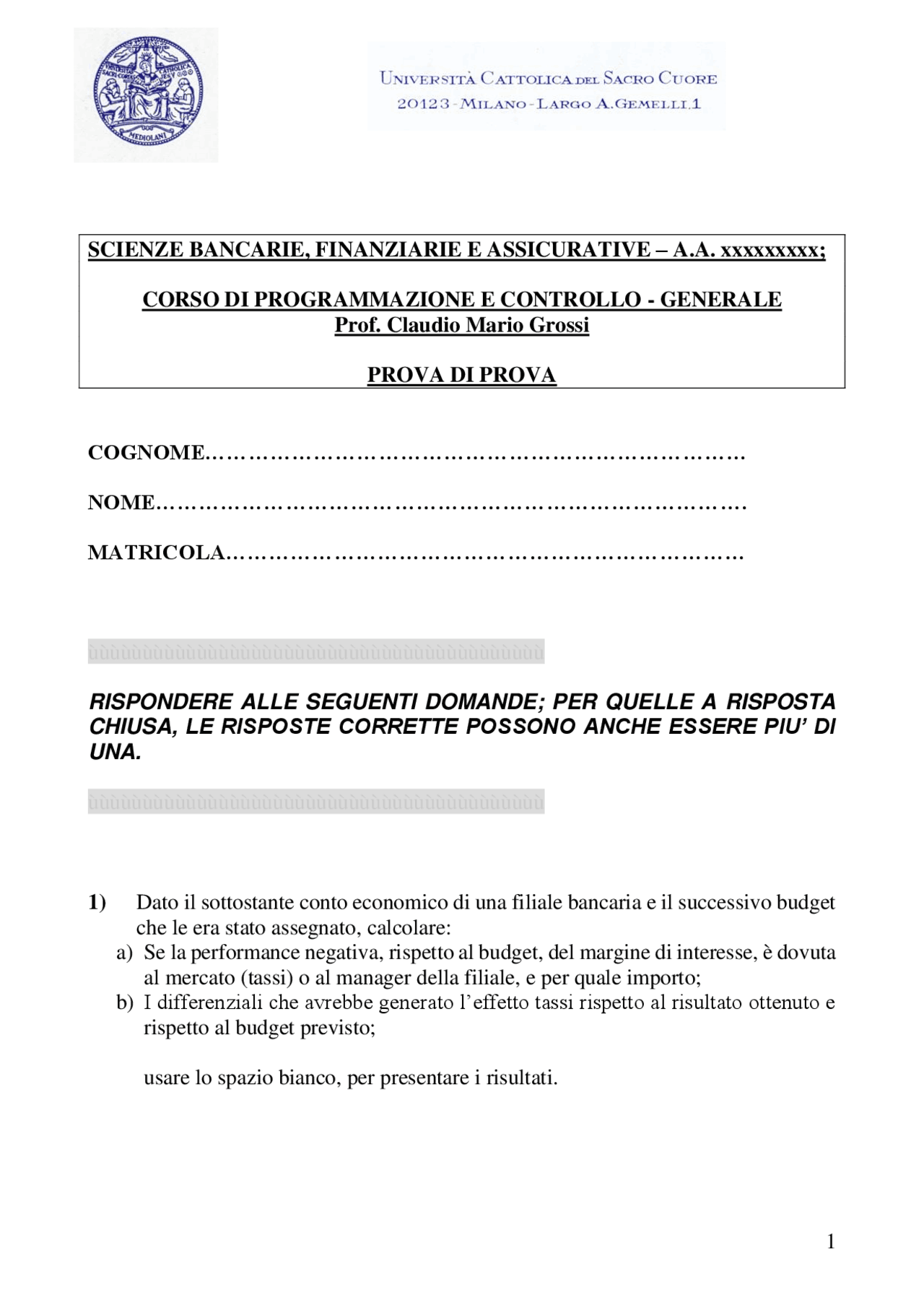 Esame Programmazione E Controllo Docsity