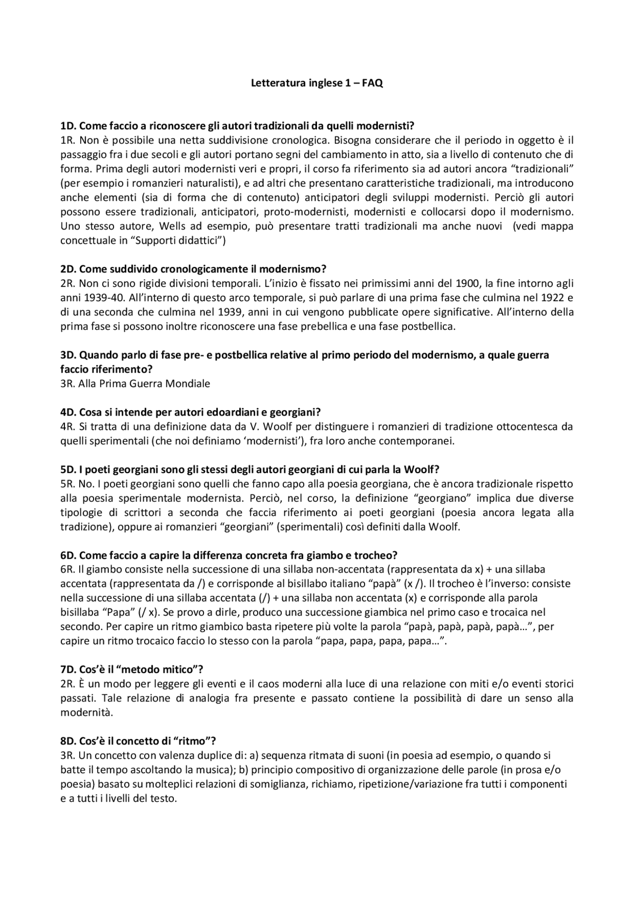 Dispense Letteratura Inglese Docsity