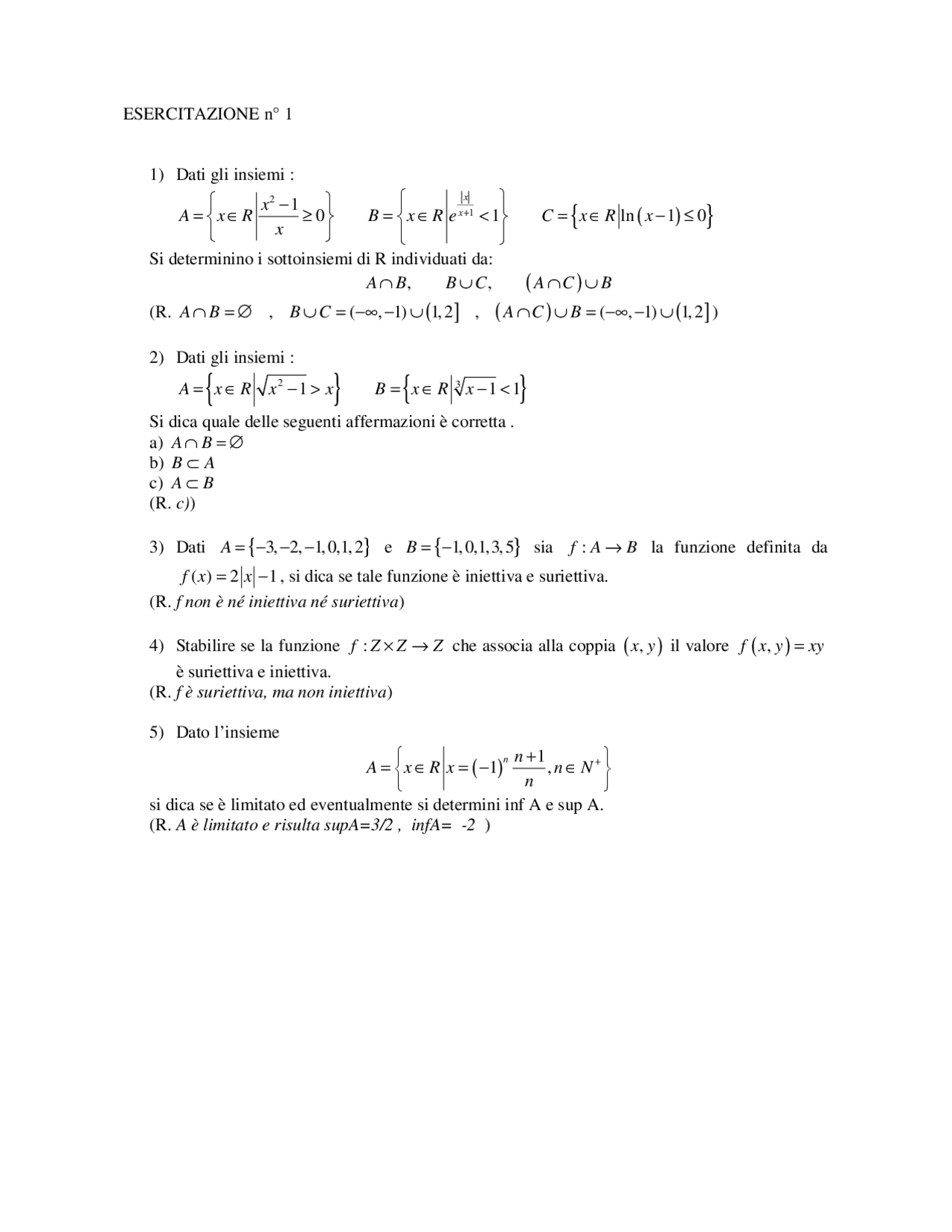 Matematica Generale Esercizi Inizio Docsity
