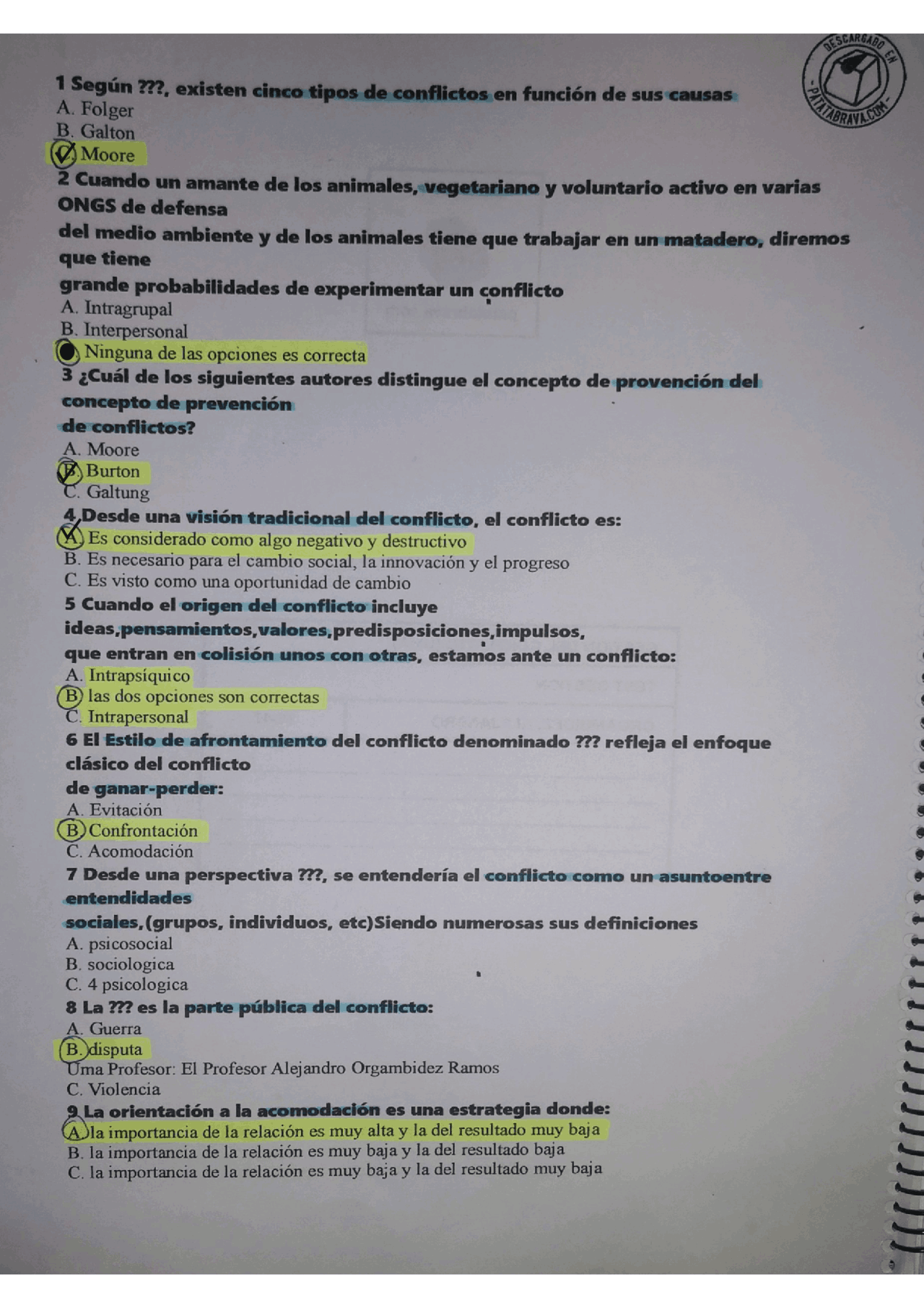 Test gestión del conflicto | Ejercicios de Gestión de Conflictos | Docsity