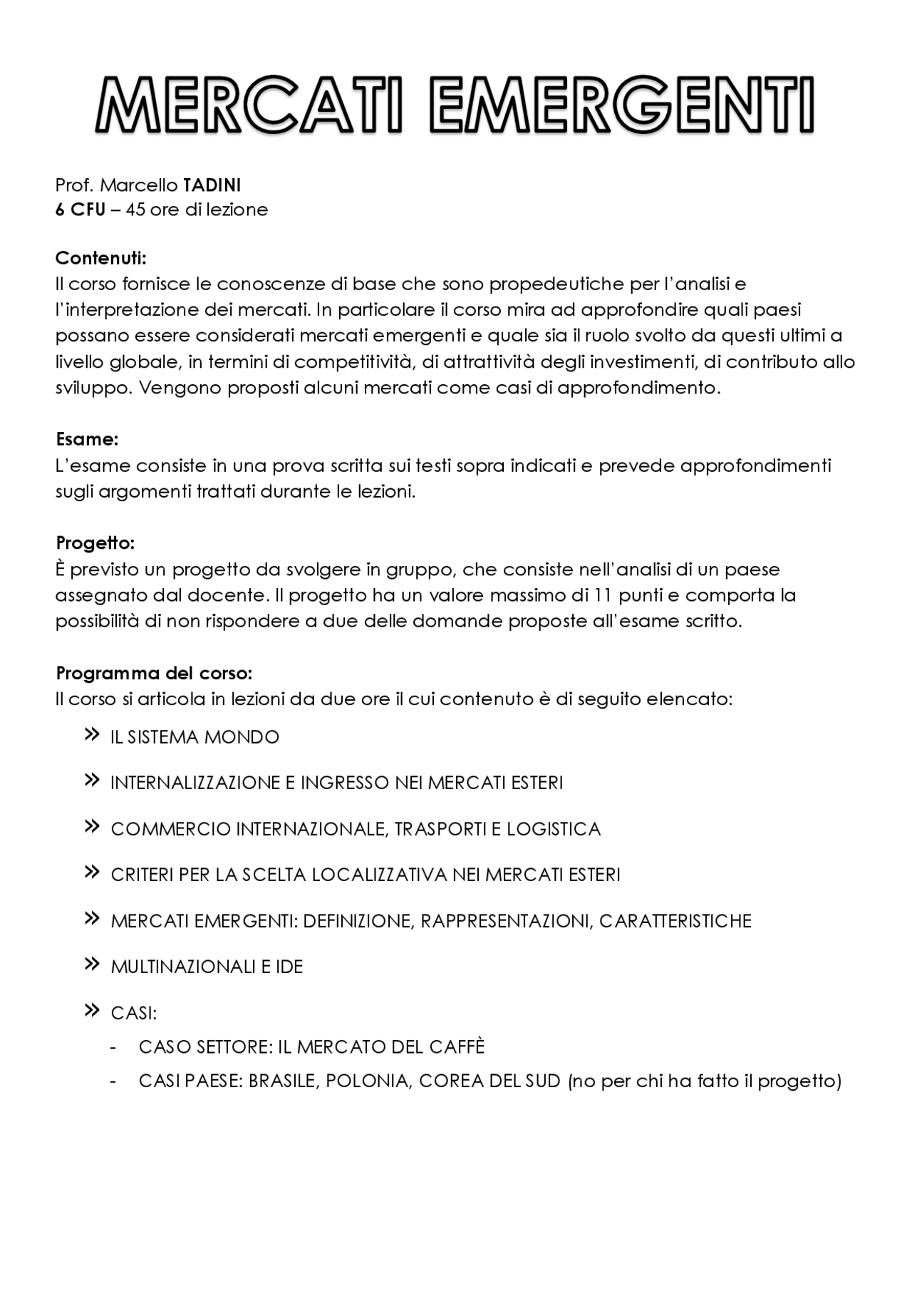 Mercati Emergenti Appunti Slide Libro Docsity