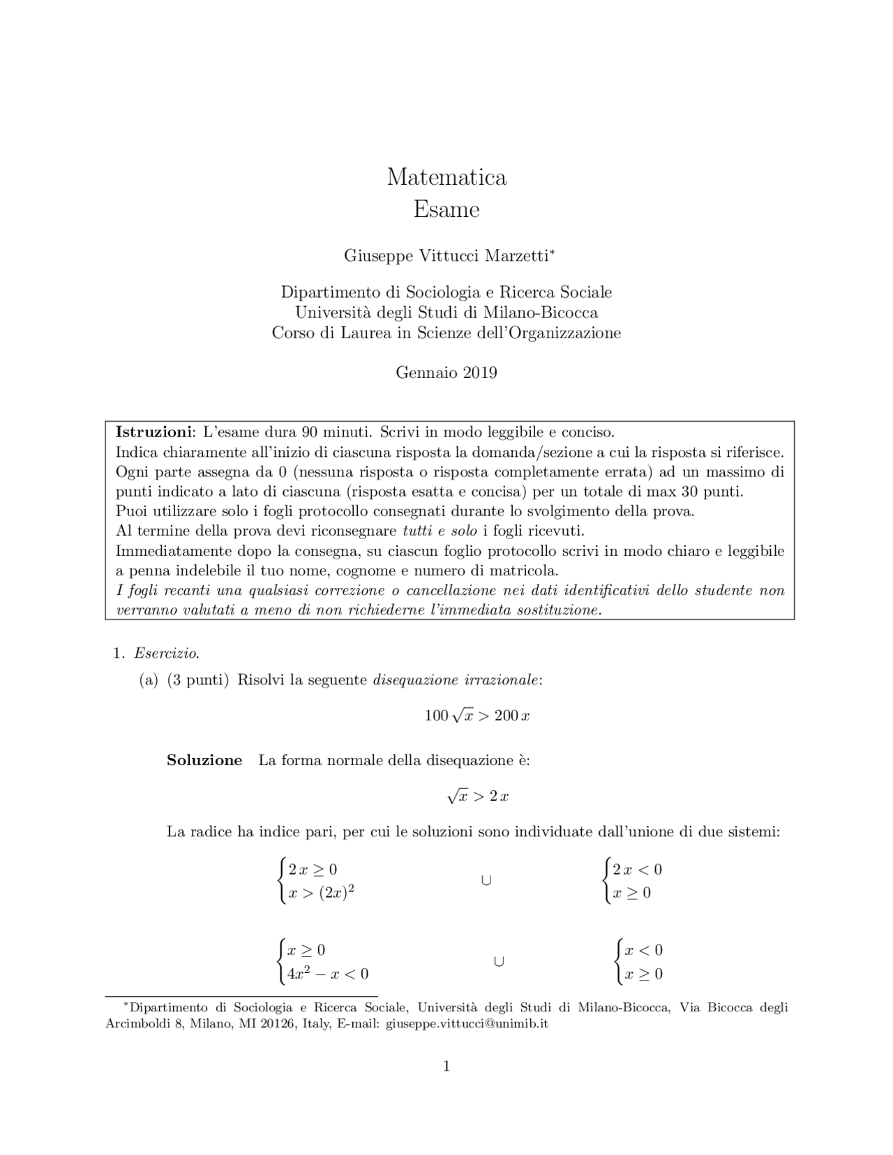 Simulazione Di Esame Esercizi Di Matematica Generale Docsity