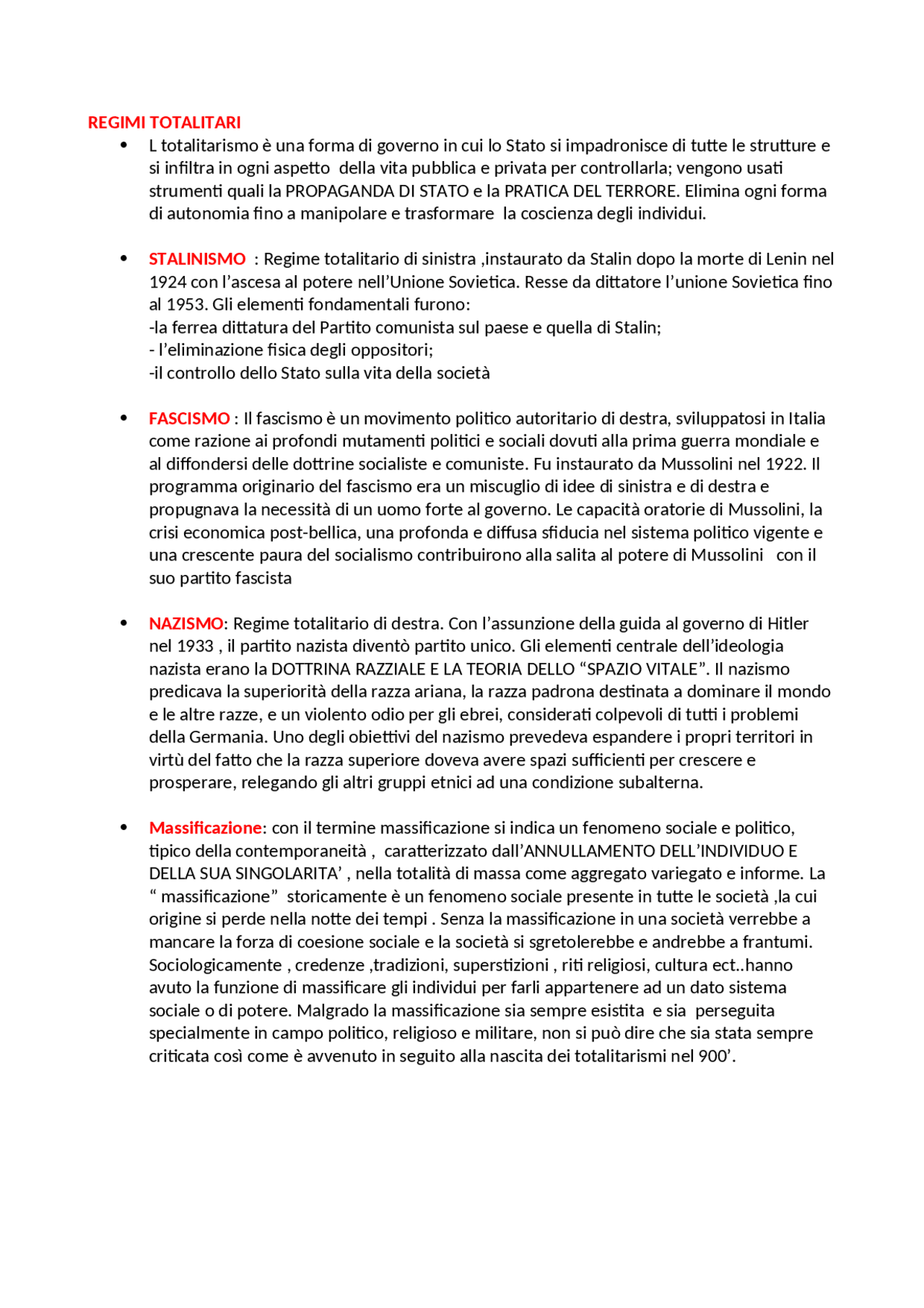 Regimi totalitari e le seguenti definizioni - Docsity