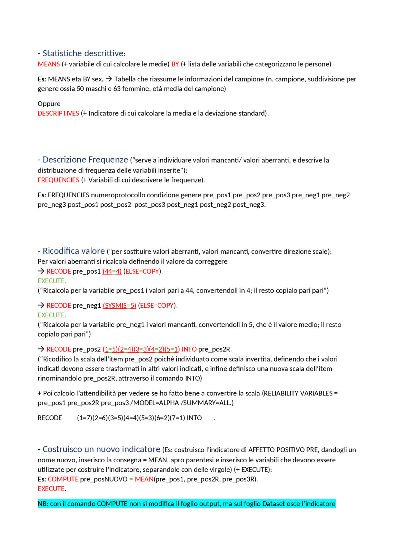 Sintassi Spss per comandi generali - Presaghi - Docsity