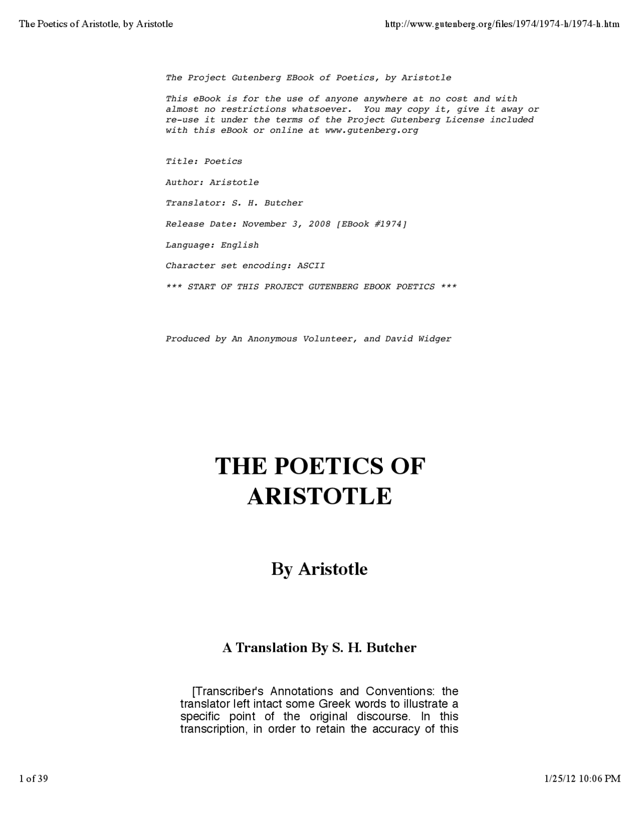 The Poetics By Aristotle Docsity