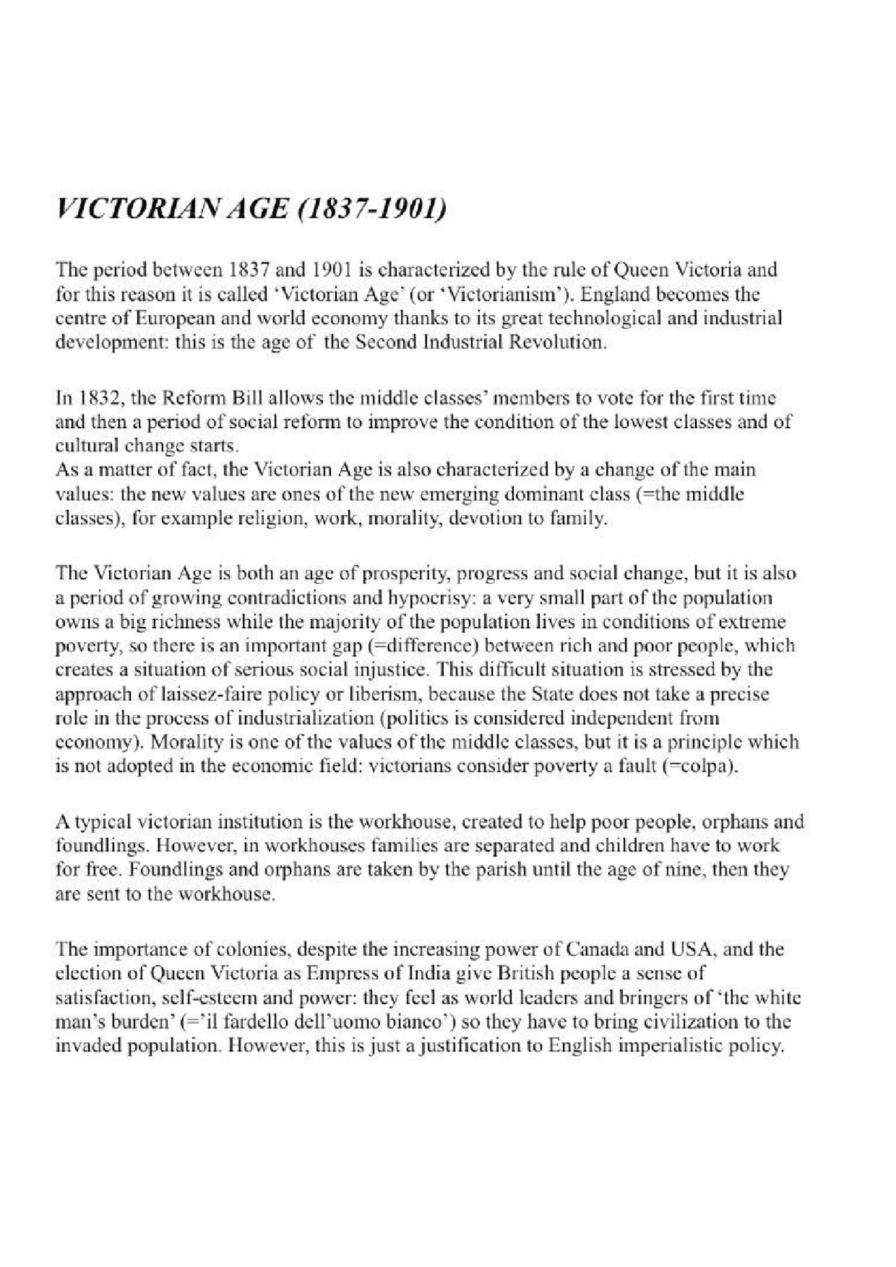 Victorian Age Riassunto Docsity
