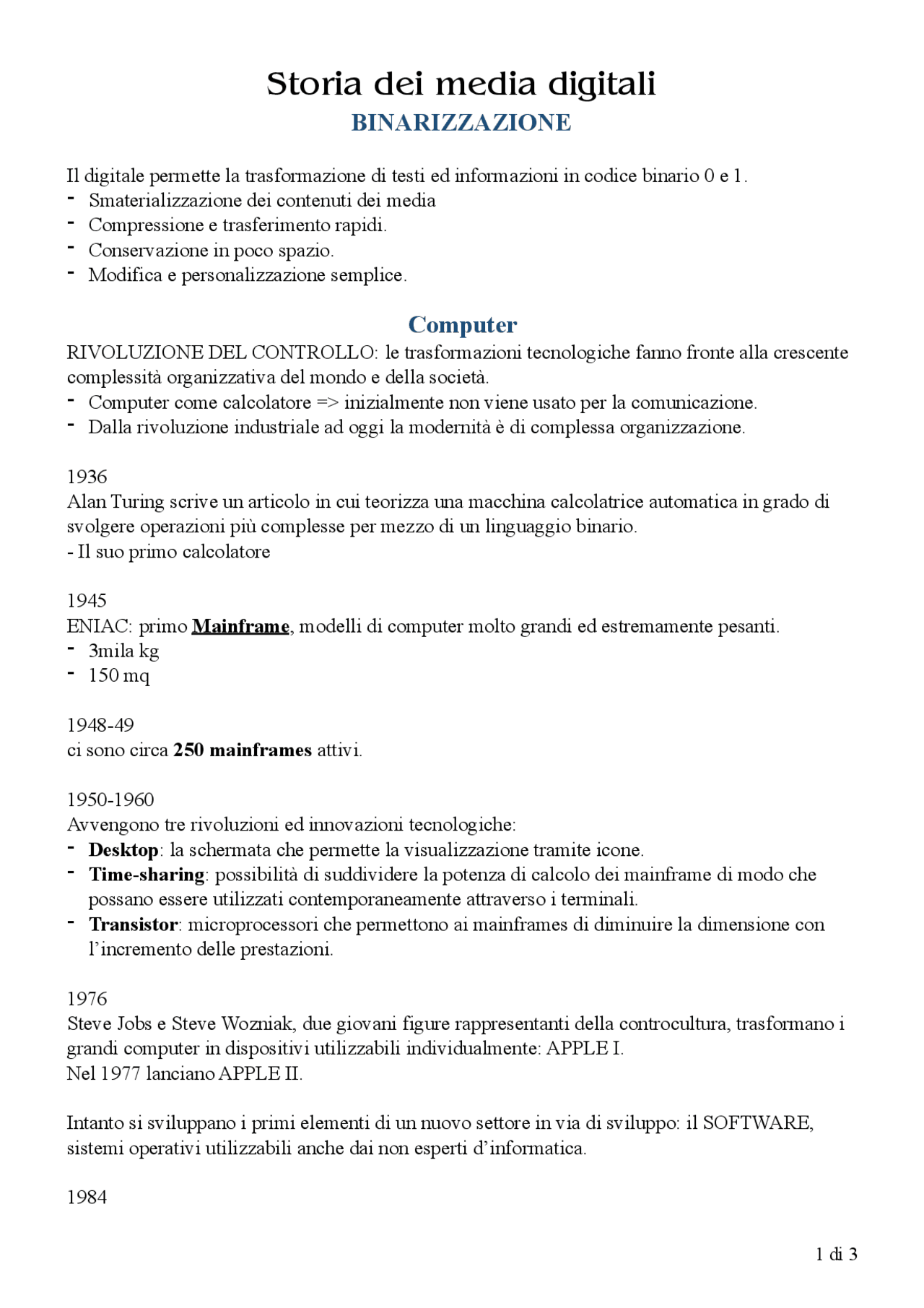 Storia Dei Media Digitali Schema Docsity