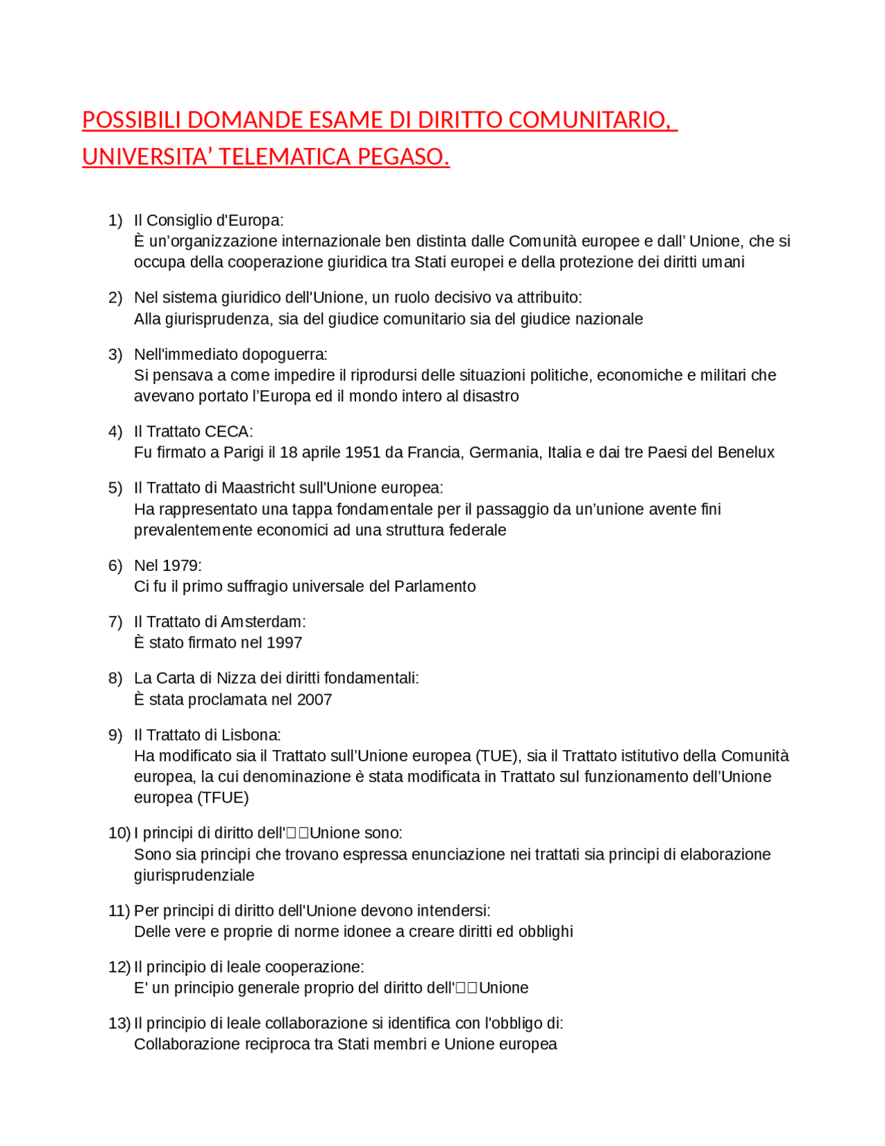 Esame Diritto Comunitario Scienze Motorie Univ Telematica Pegaso Docsity