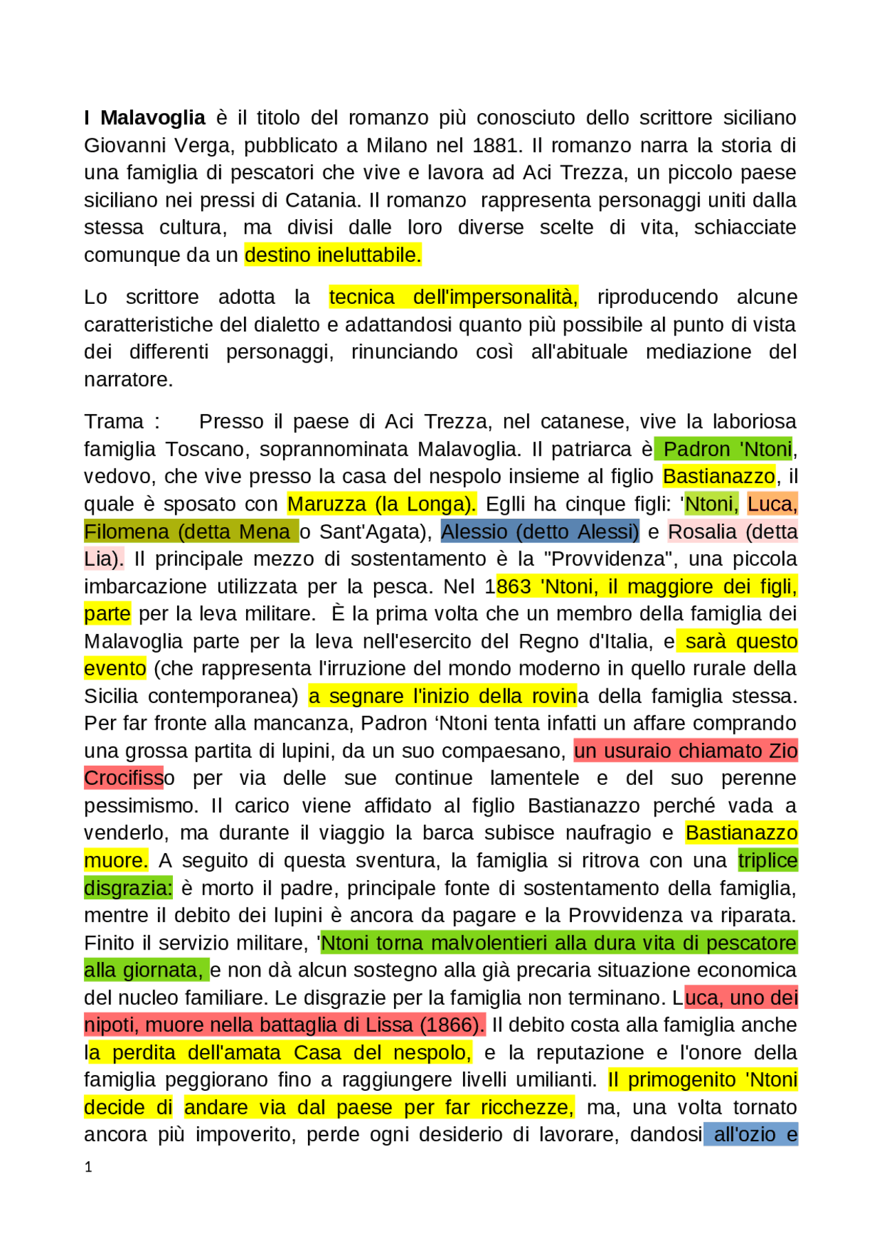 I Malavoglia La Trama Del Romanzo Docsity