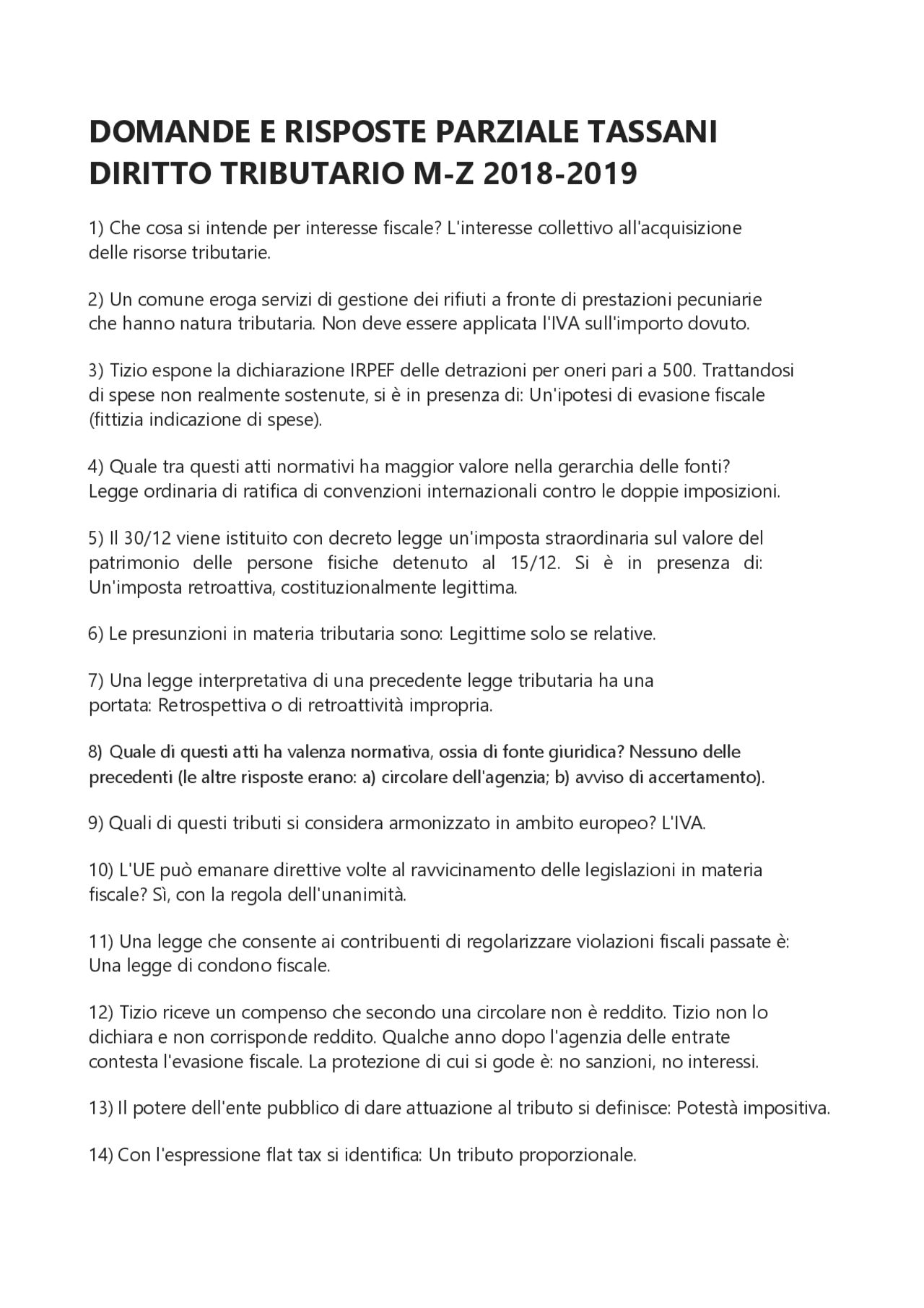 Domande e risposte di diritto tributario prof tassani - Docsity