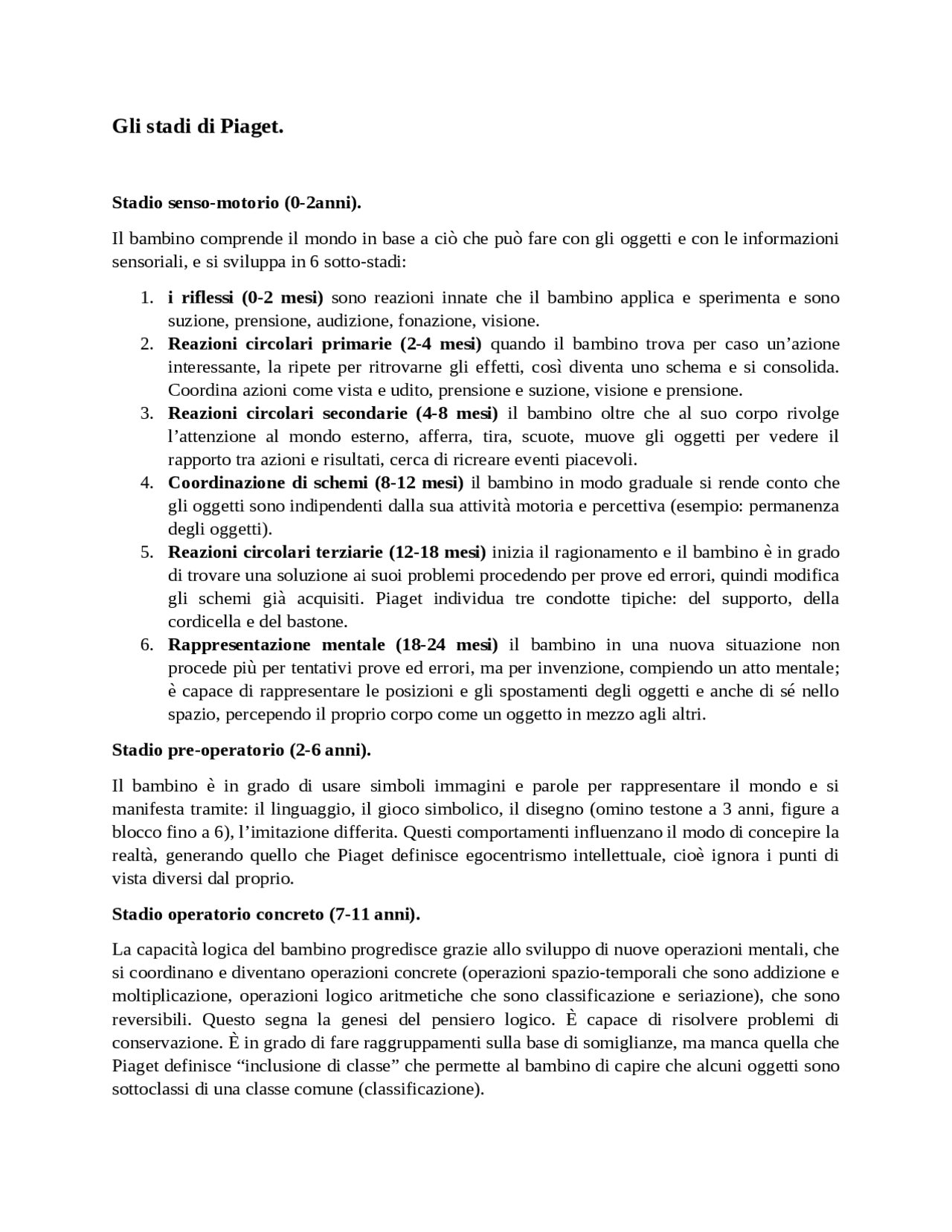 I Quattro Stadi Di Piaget Docsity
