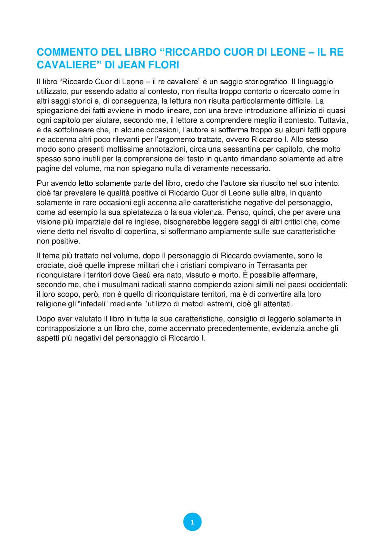 Commento del libro "Riccardo cuor di leone - il re cavaliere" di Jean Flori - Docsity