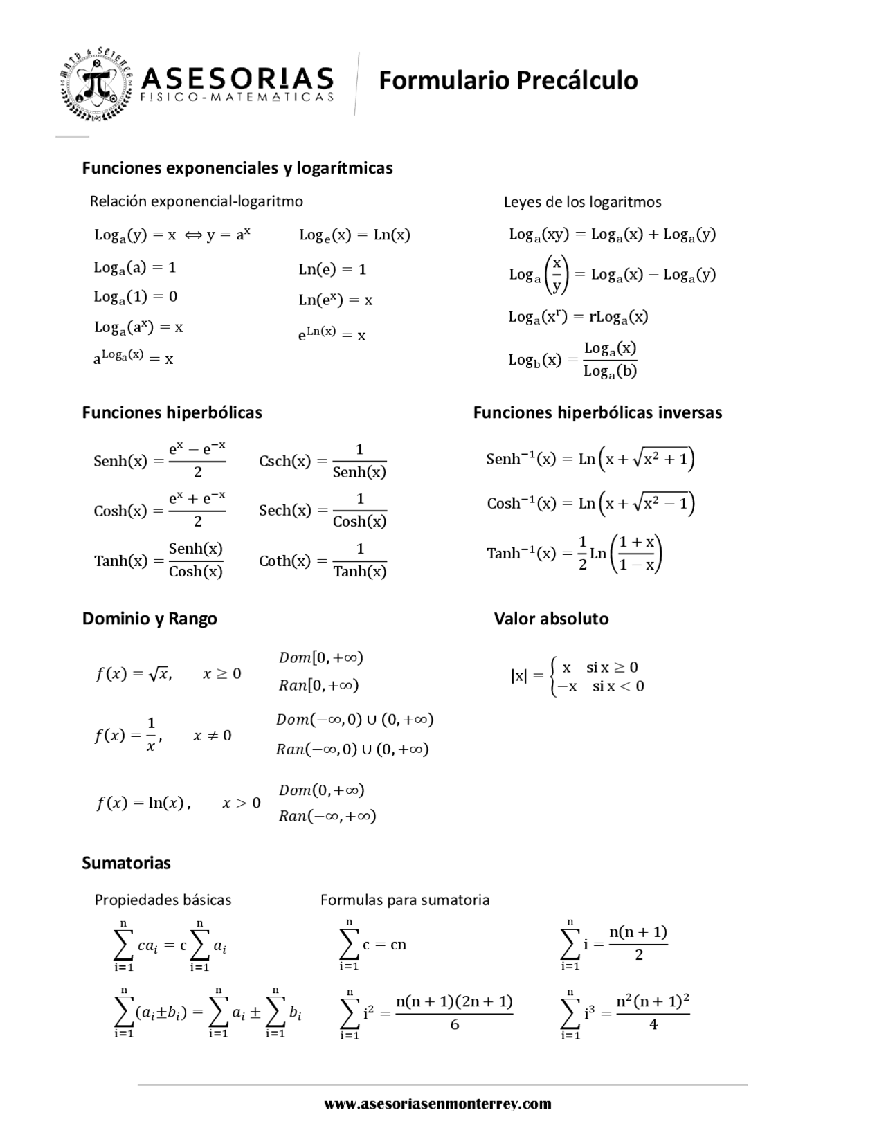 Guia de formulas de precalculo - Docsity