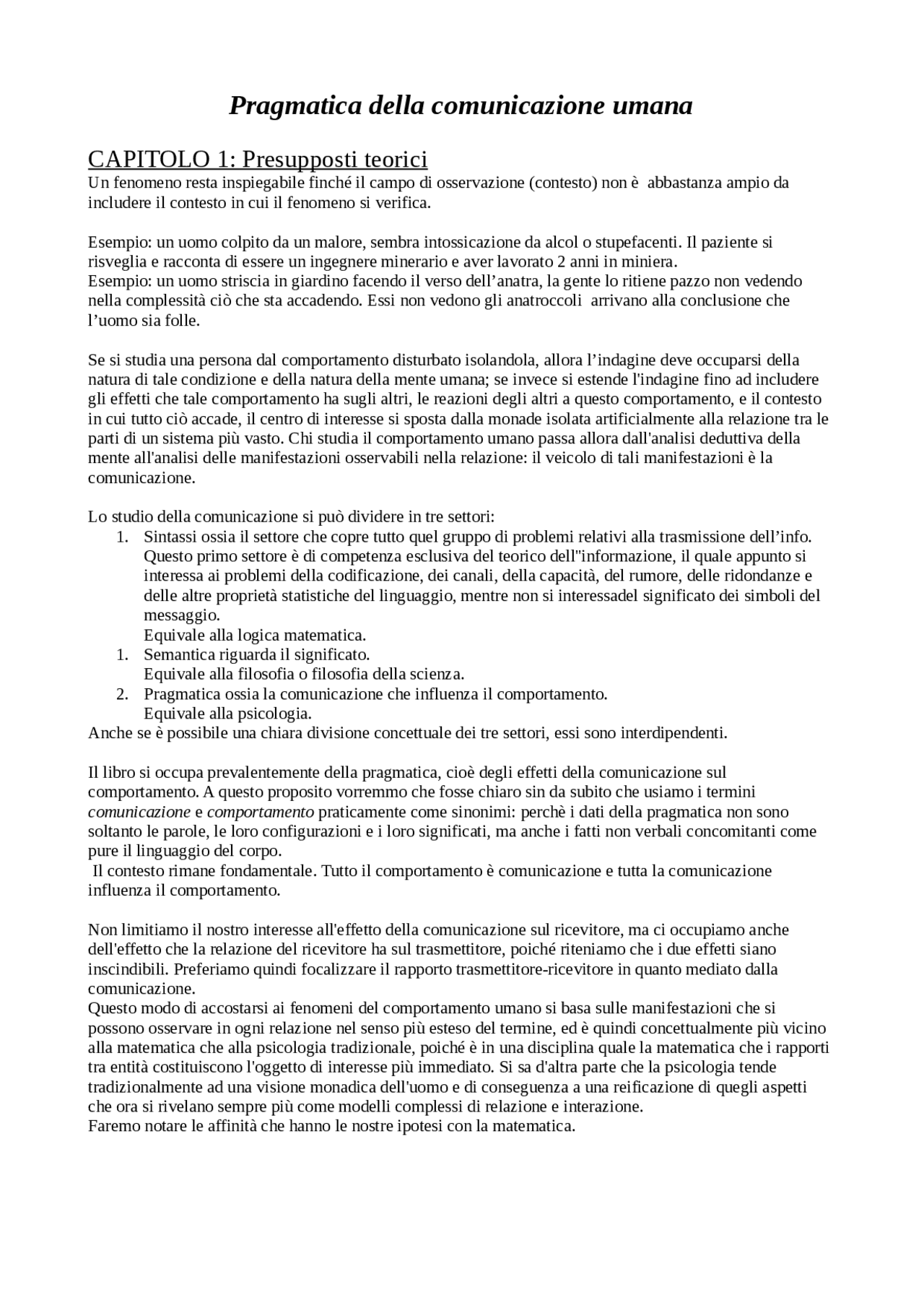 Pragmatica Della Comunicazione Umana Di Paul Watzlawick Docsity