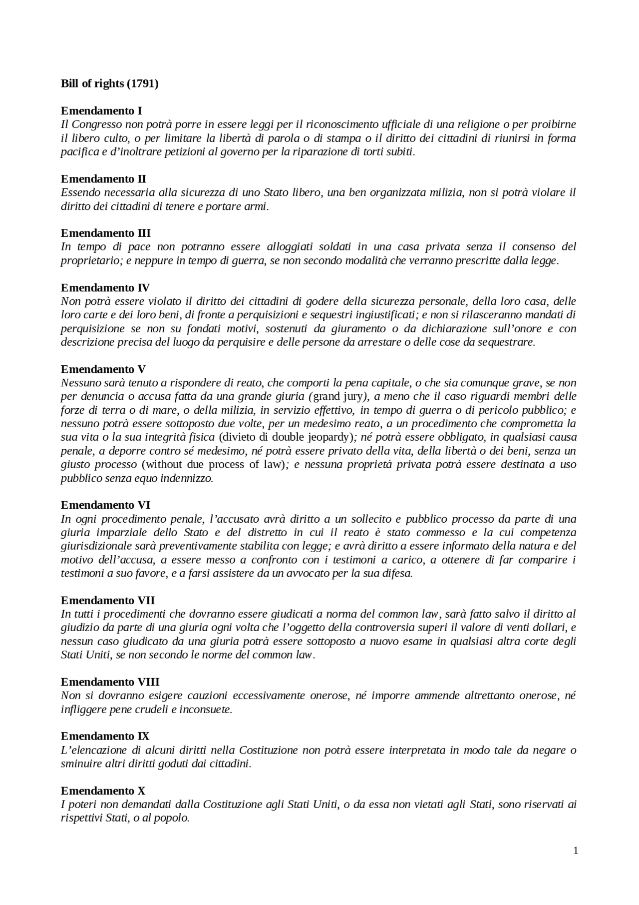 Bill Of Rights Diritti Fondamentali Docsity