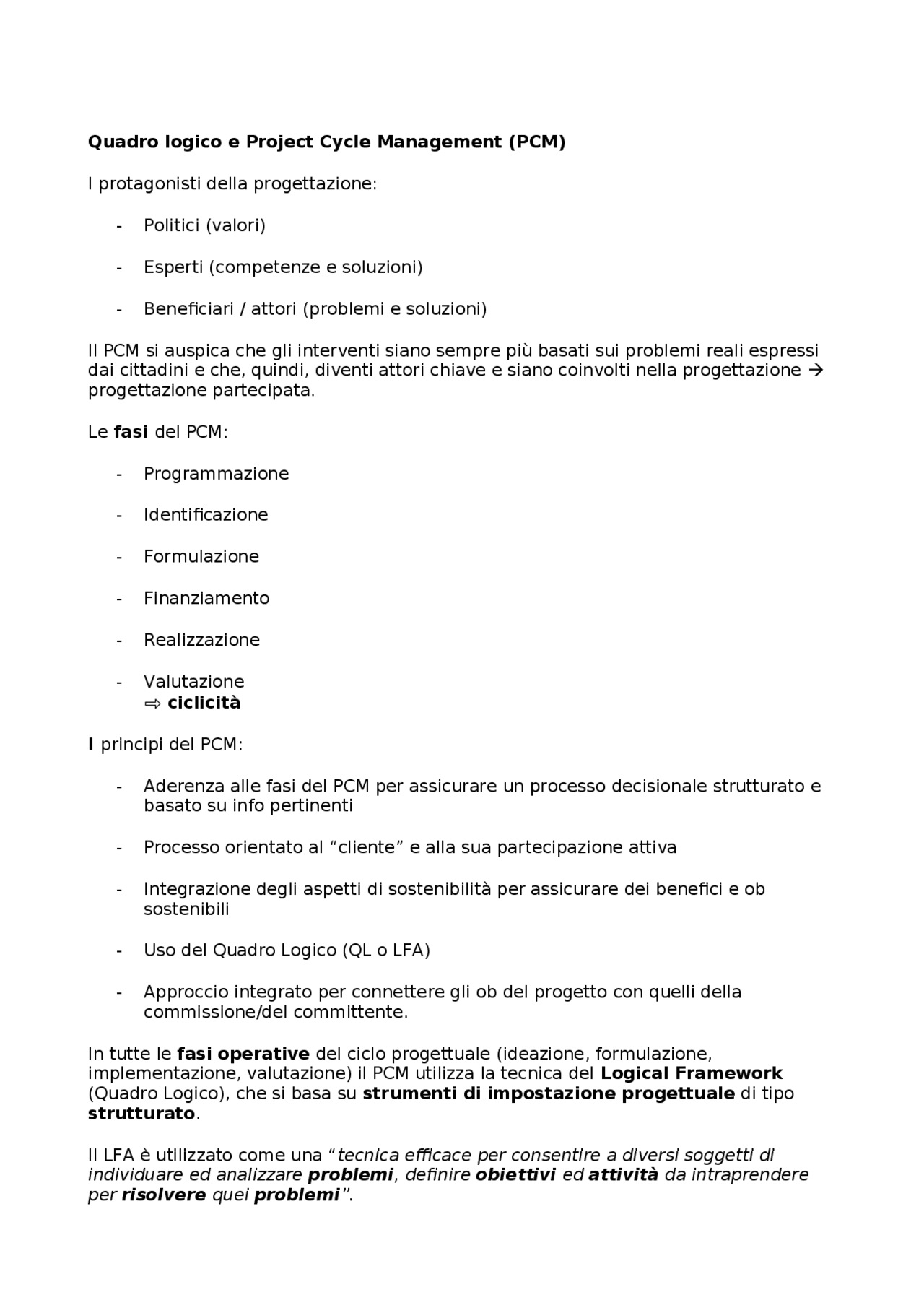 Quadro Logico e Project Cycle Management - Docsity