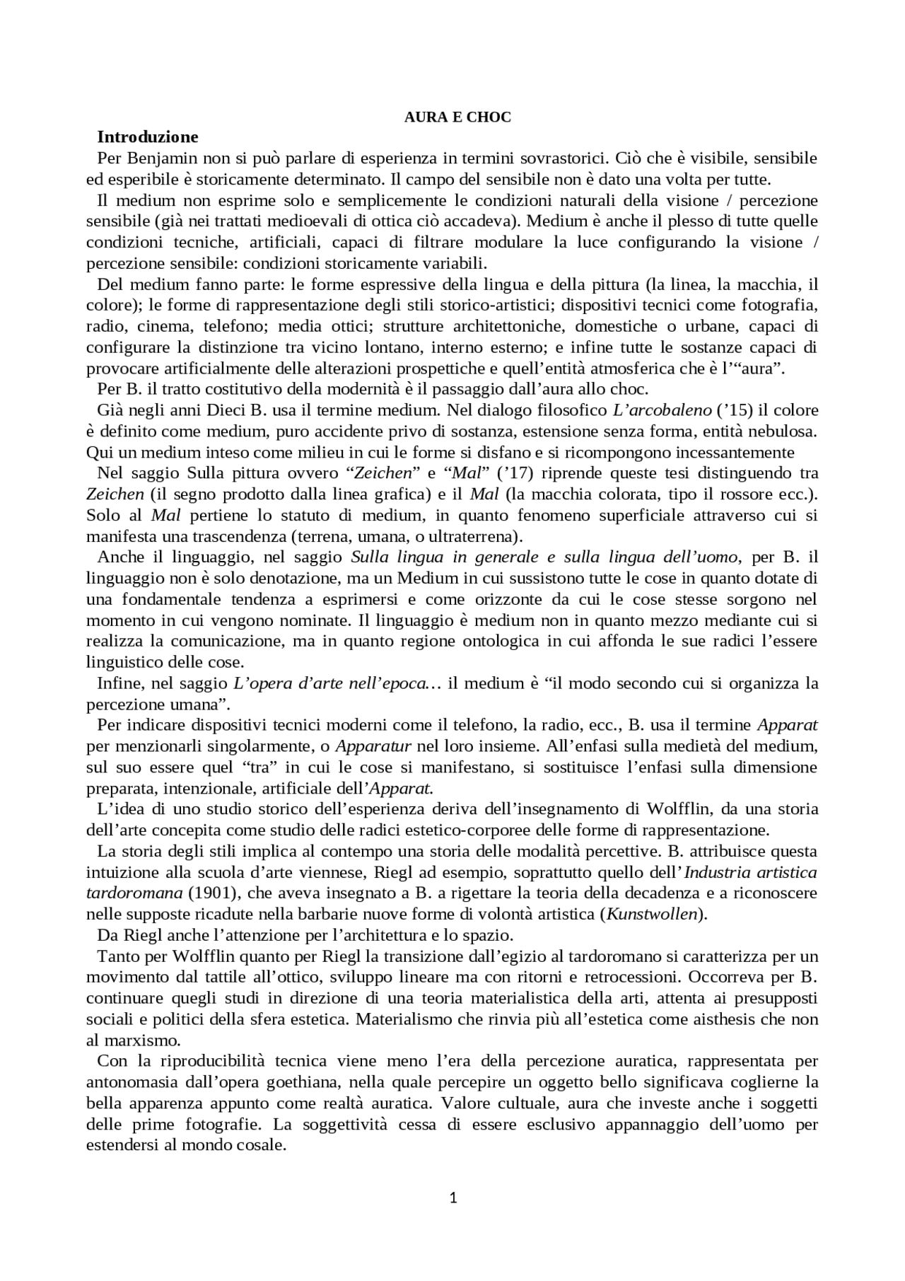 Walter Benjamin Aura E Choc Riassunto Docsity