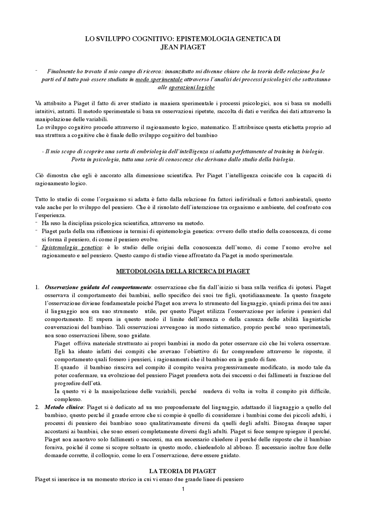 Lo Sviluppo Cognitivo Epistemologia Genetica Di Jean Piaget Docsity