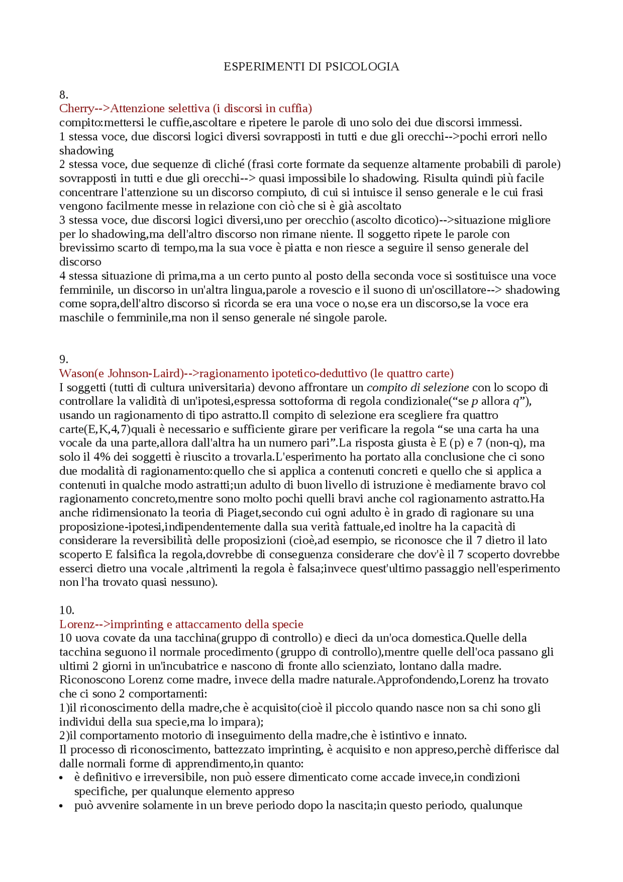 Schemi psicologia generale I esperimenti - Docsity